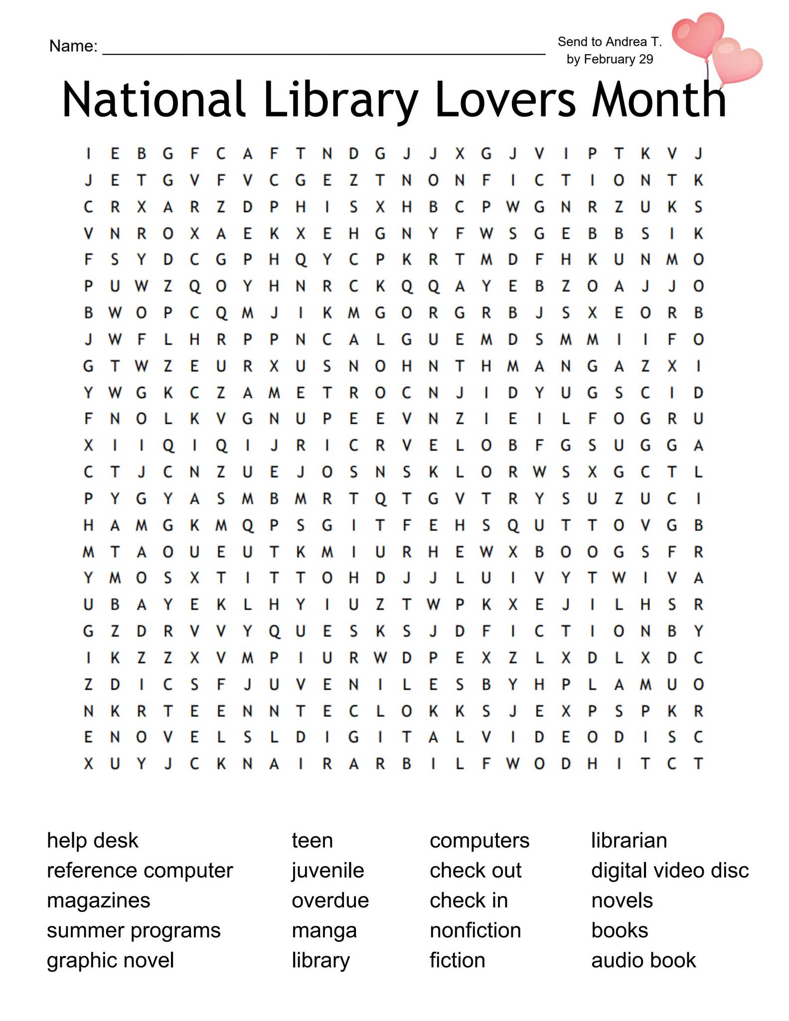 National Library Lovers Month Word Search by Aurora Public Library ...