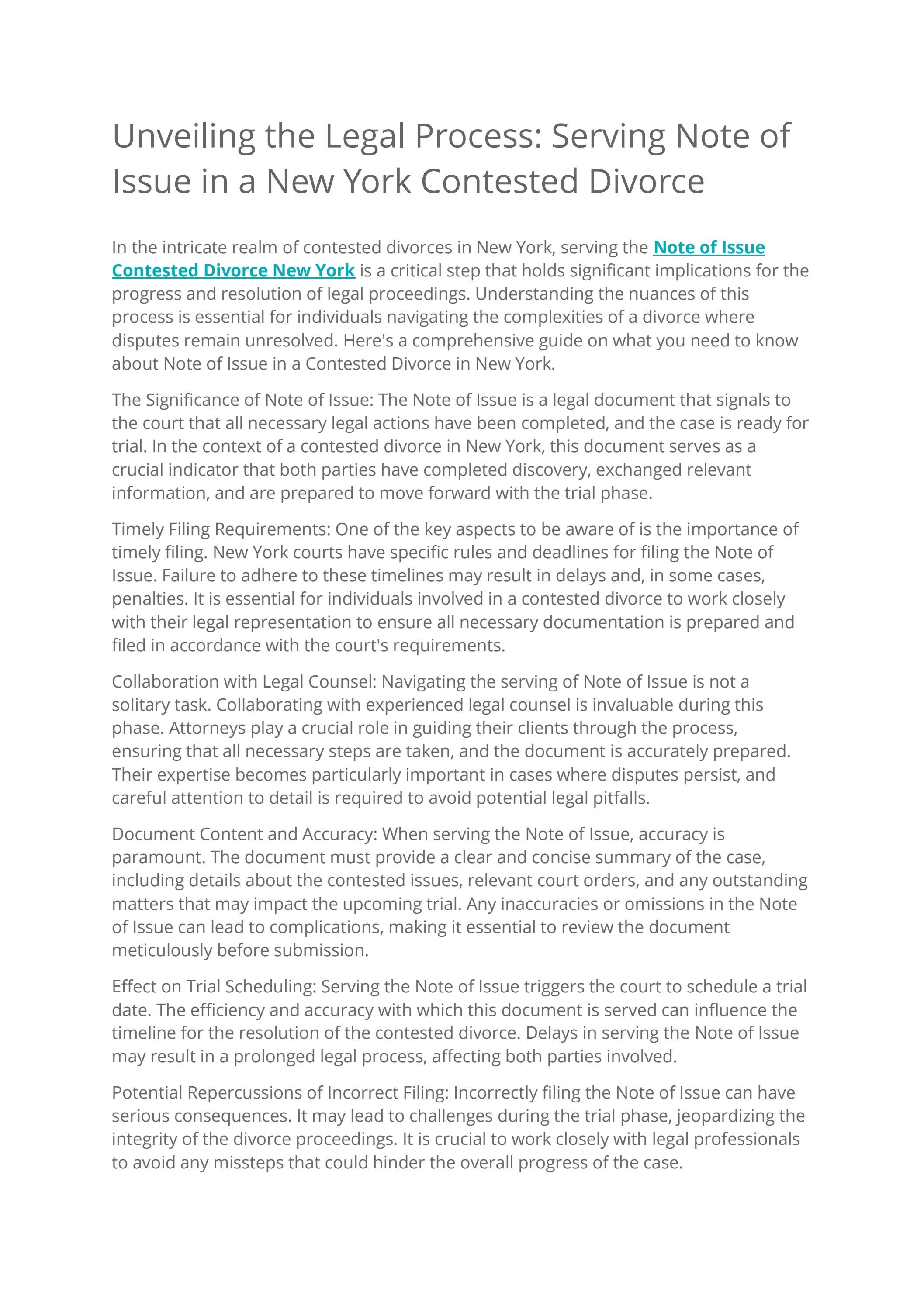 Note of Issue Contested Divorce New York by Harold Finch - Issuu