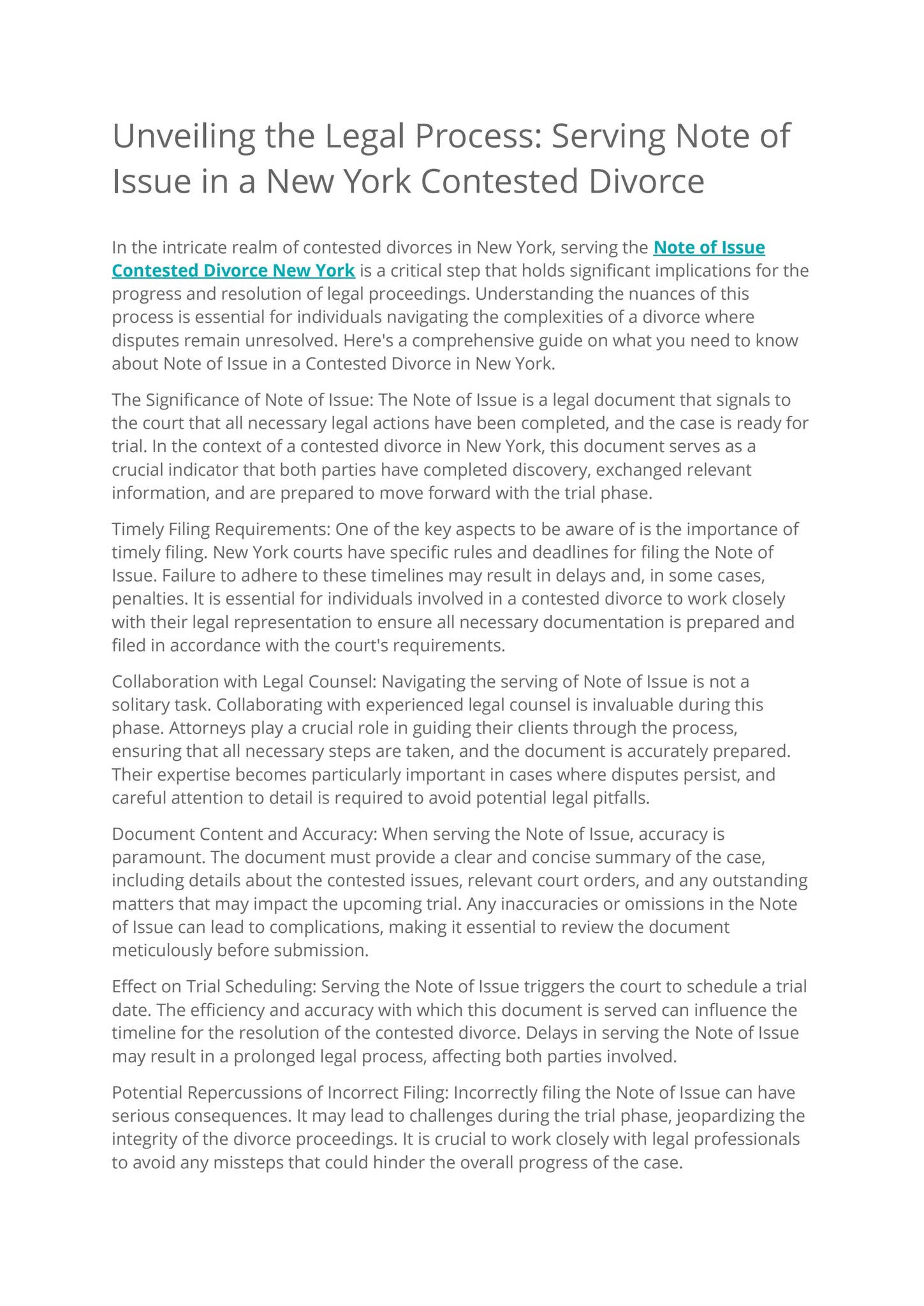 Note of Issue Contested Divorce New York by Harold Finch - Issuu