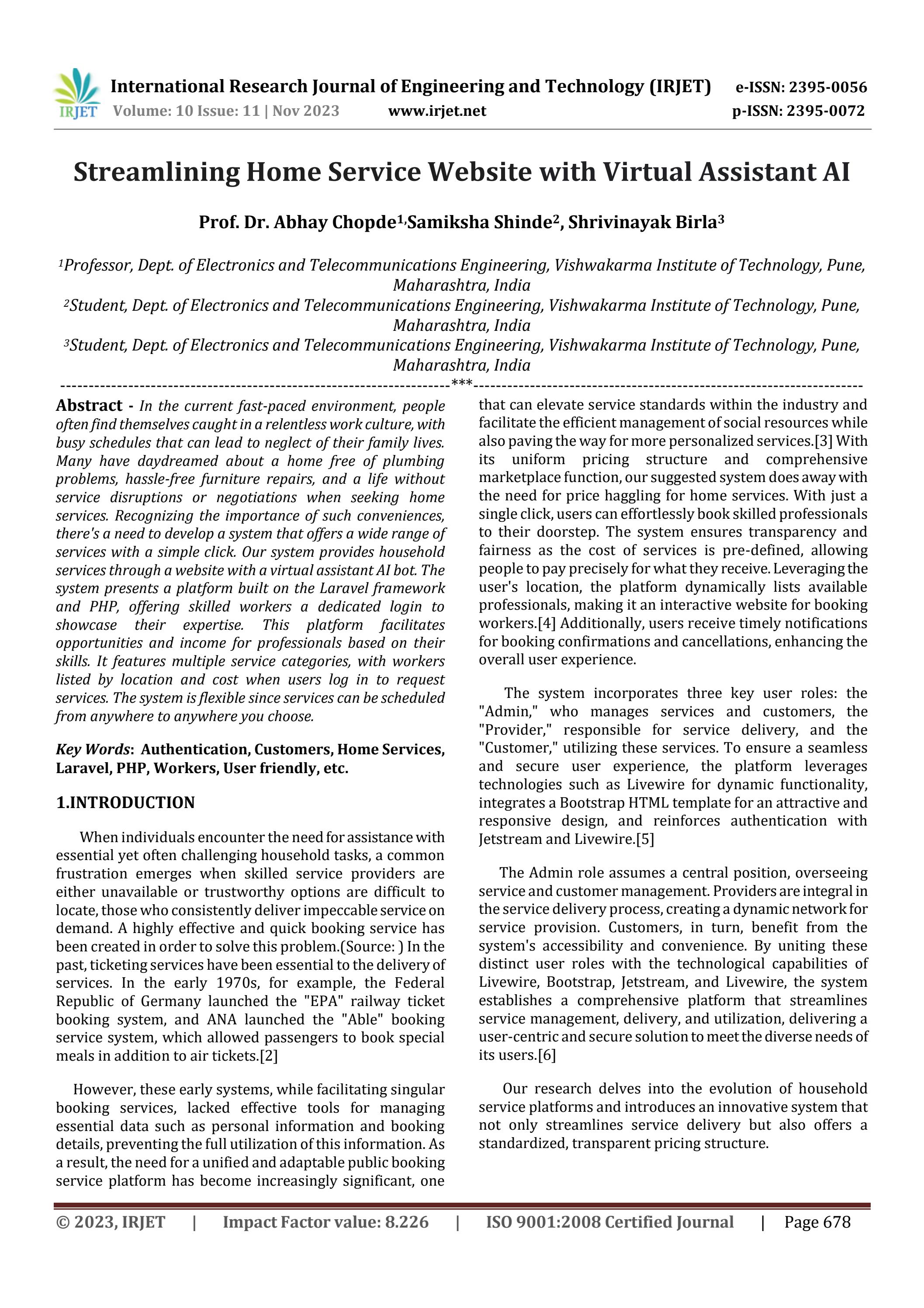 Streamlining Home Service Website with Virtual Assistant AI by IRJET Journal - Issuu