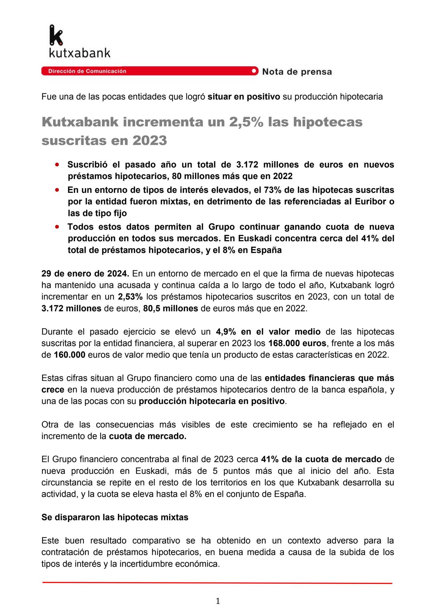 NP (29-01-2024) Kutxabank incrementa un 2,5% las hipotecas suscritas en ...