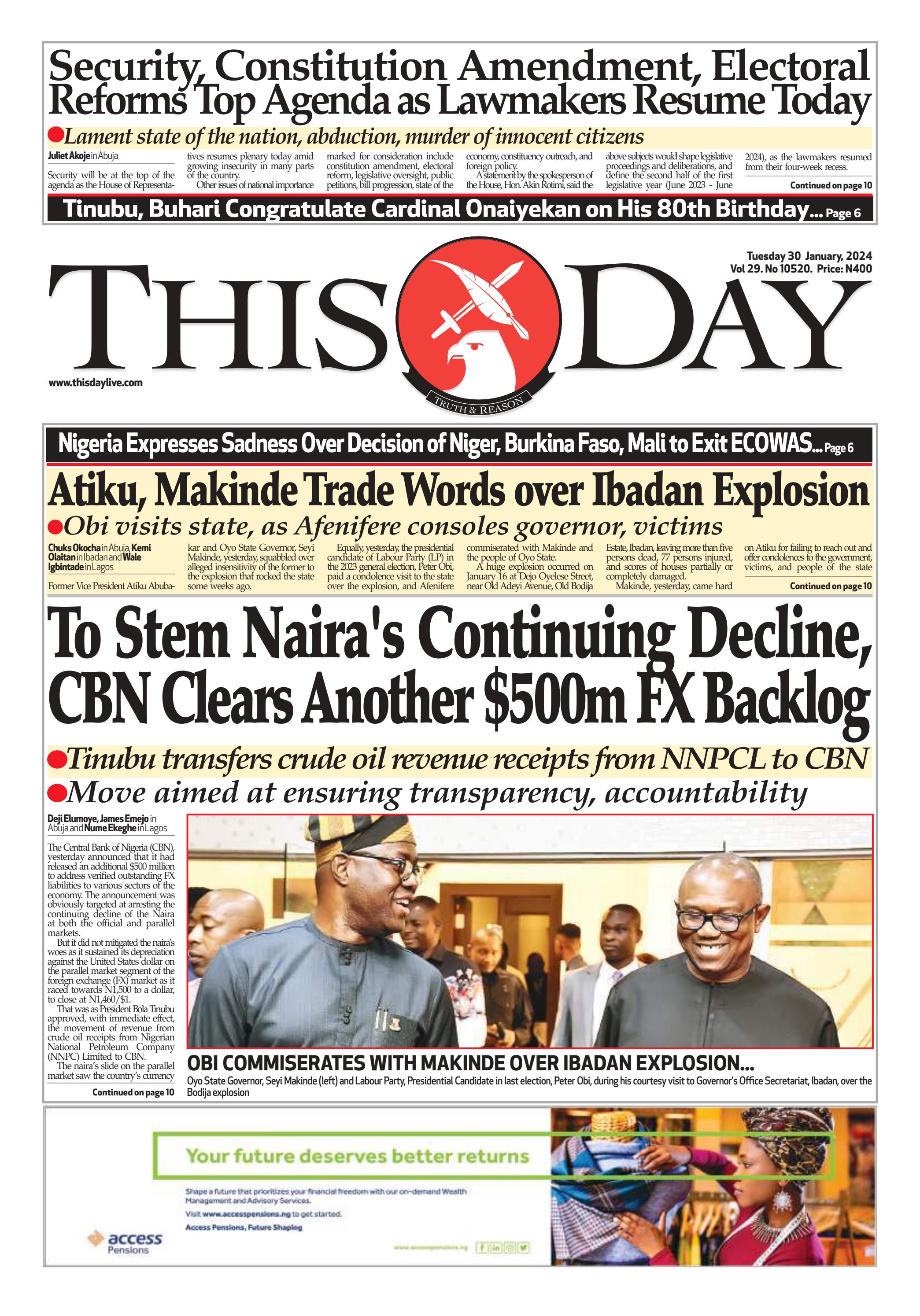 TUESDAY 30TH JANUARY 2024 by THISDAY Newspapers Ltd - Issuu