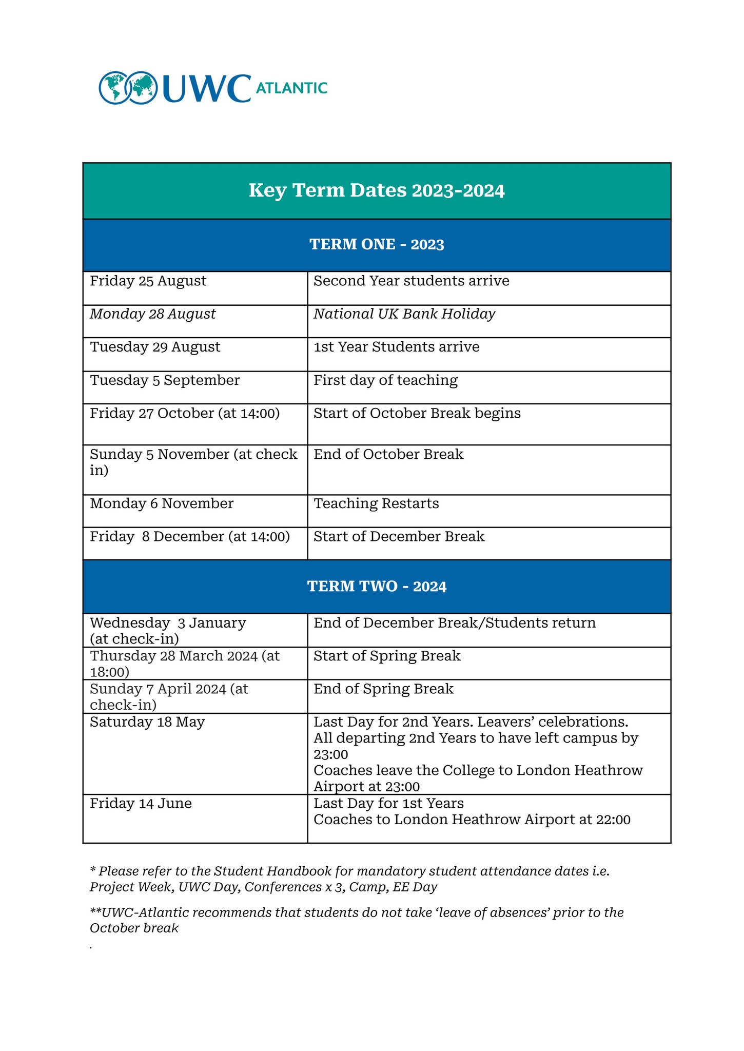 Term Dates 2023 - 2024 by UWC Atlantic College - Issuu