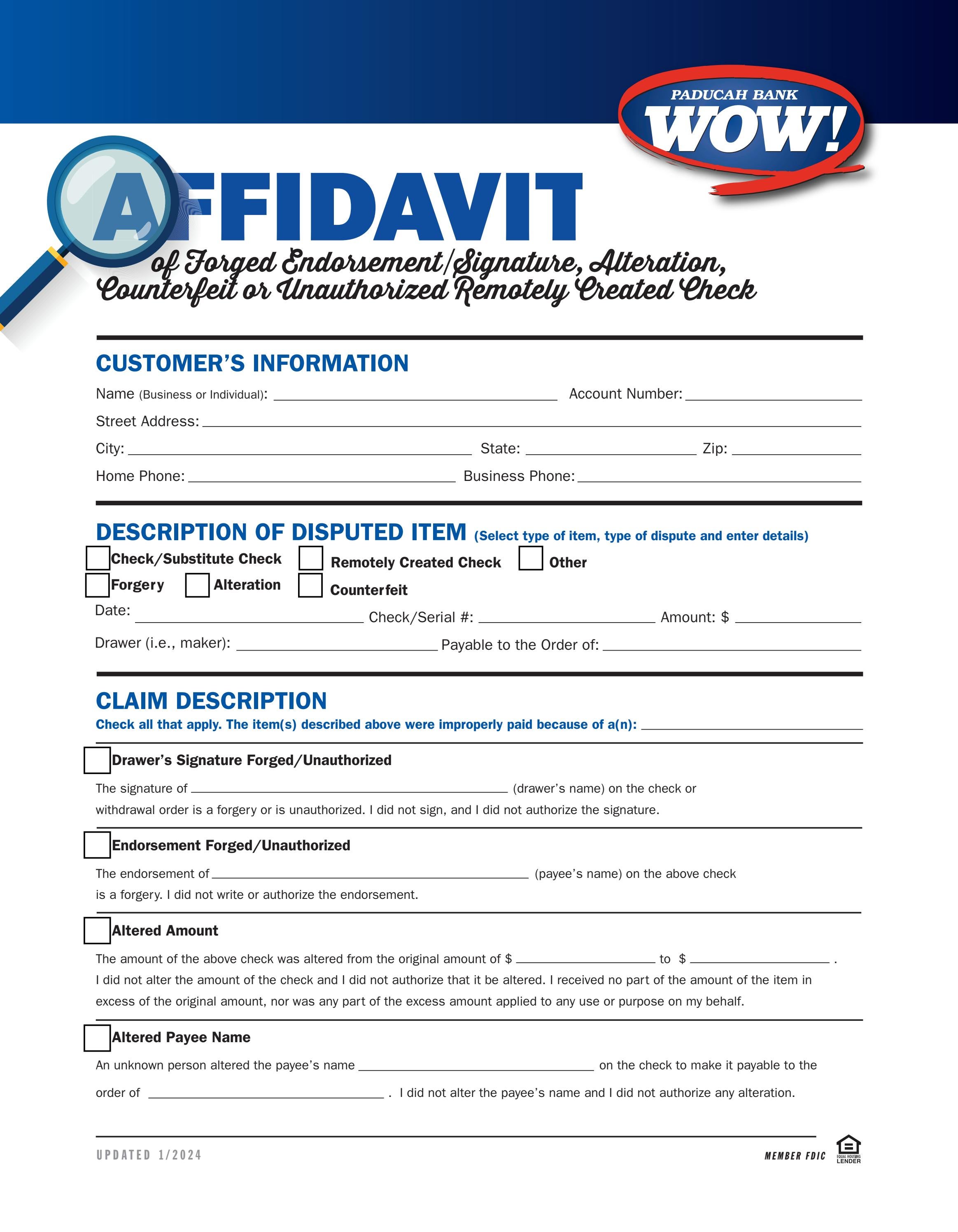 Affidavit of Check Forgery with Fillable Fields by PaducahBank - Issuu