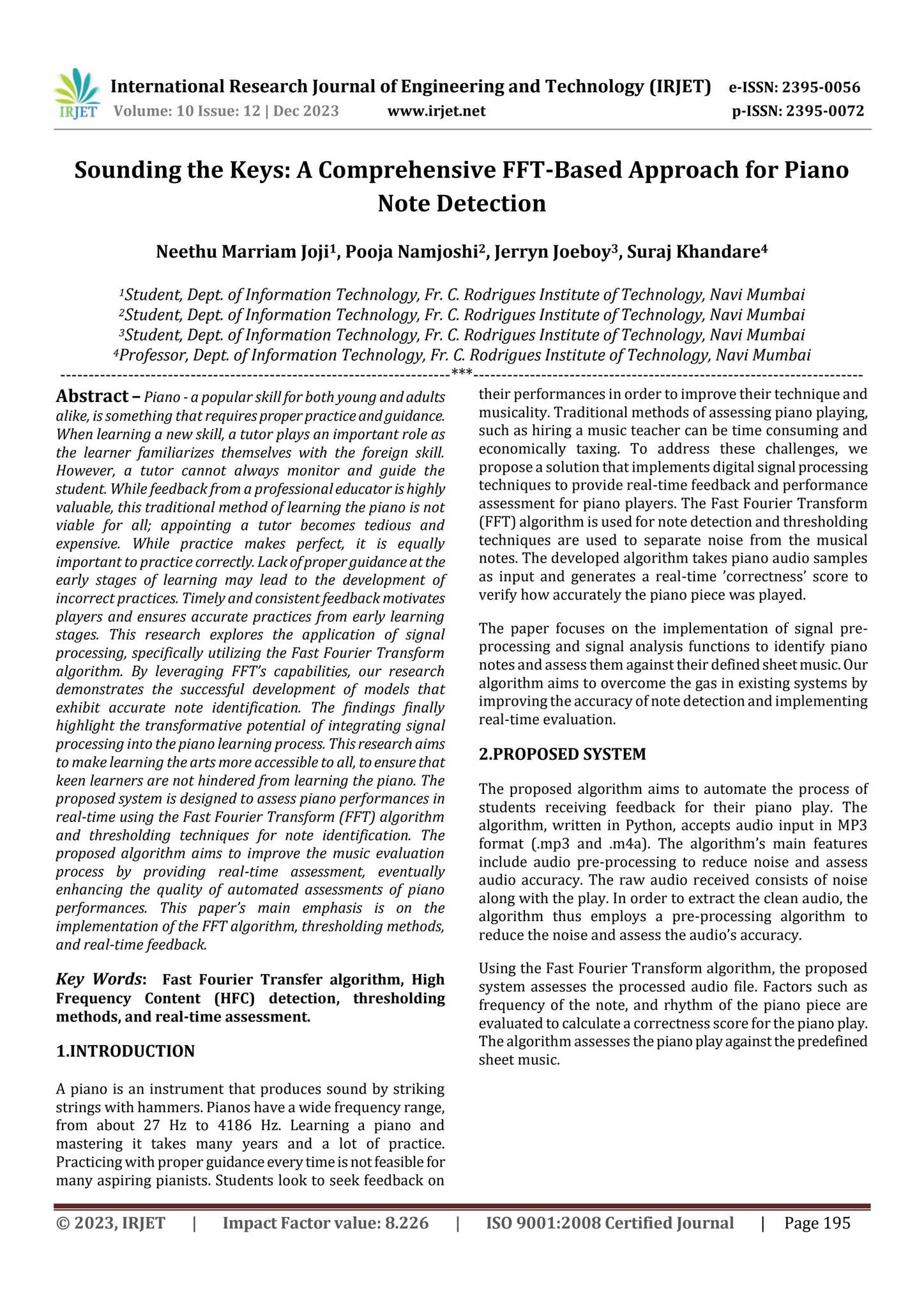 Sounding the Keys: A Comprehensive FFT-Based Approach for Piano Note ...