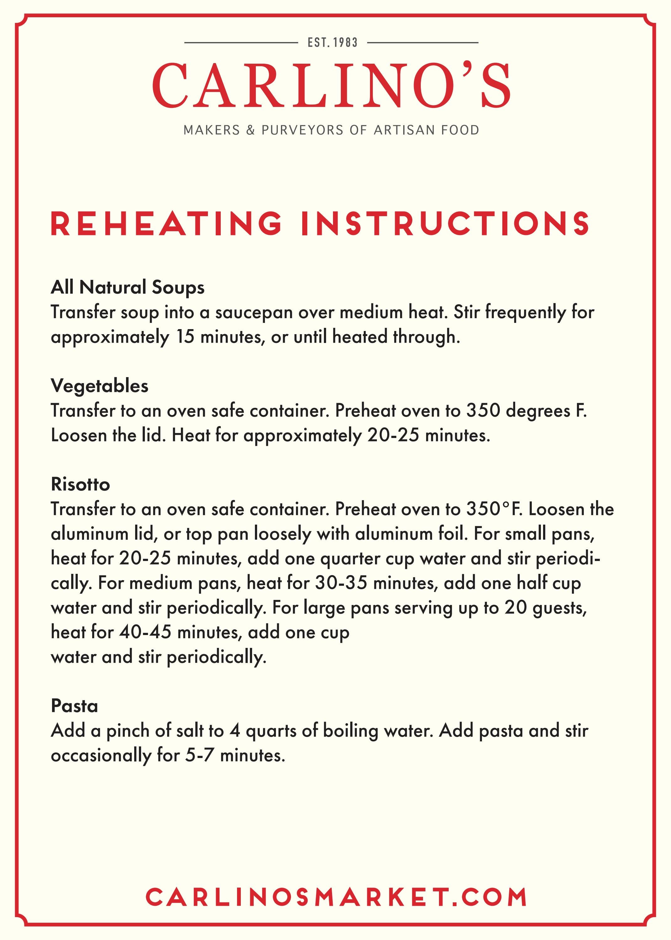 Reheating Instructions by CarlinosMarket - Issuu