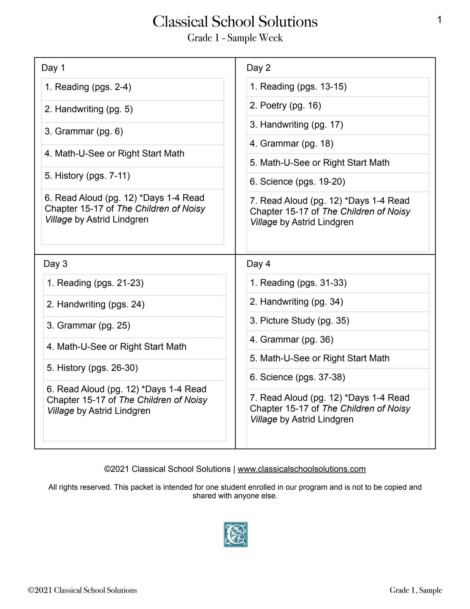 Grade 1 Guided Learning Packet by Classical School Solutions - Issuu