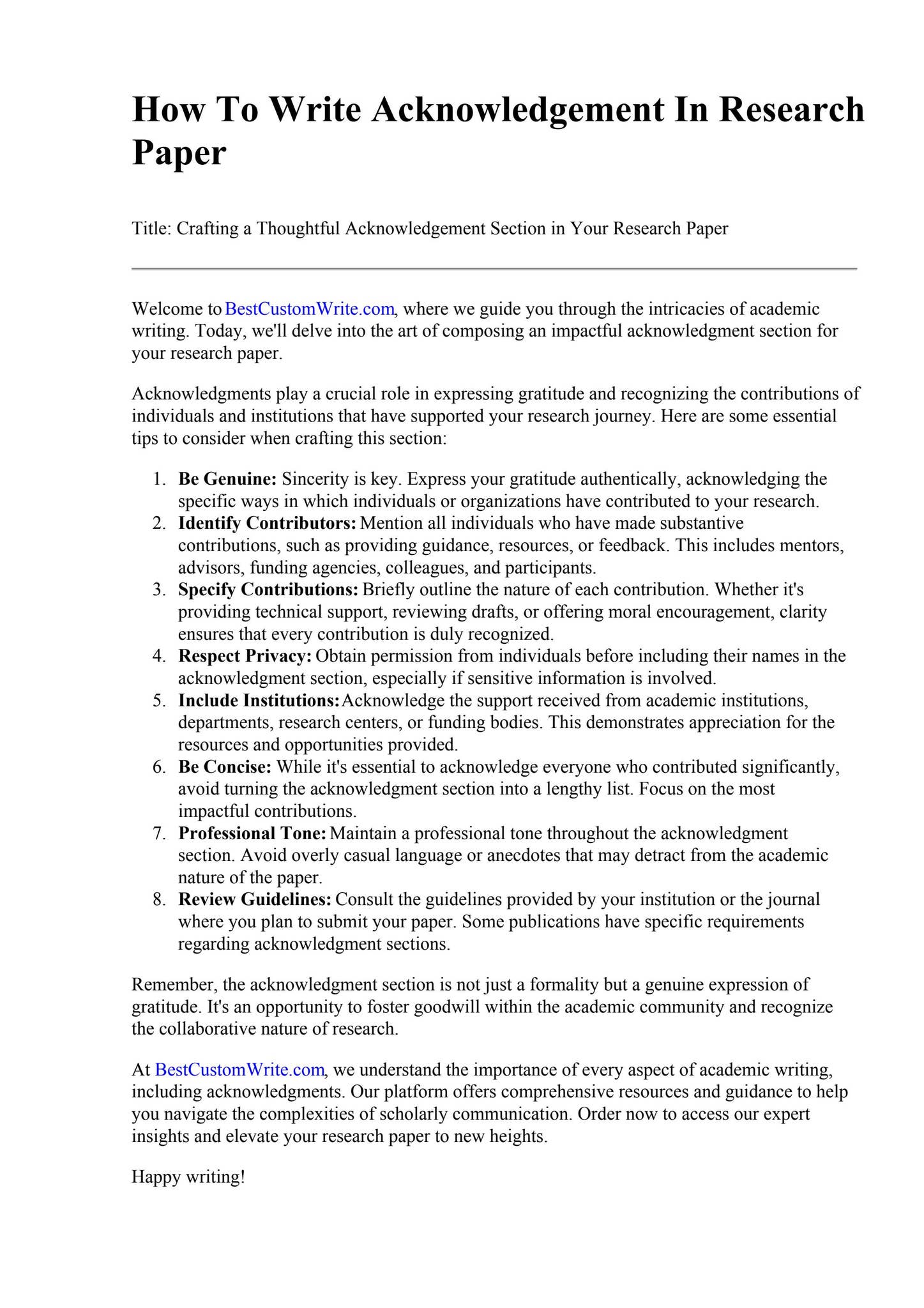 How To Write Acknowledgement In Research Paper by How To Write ...