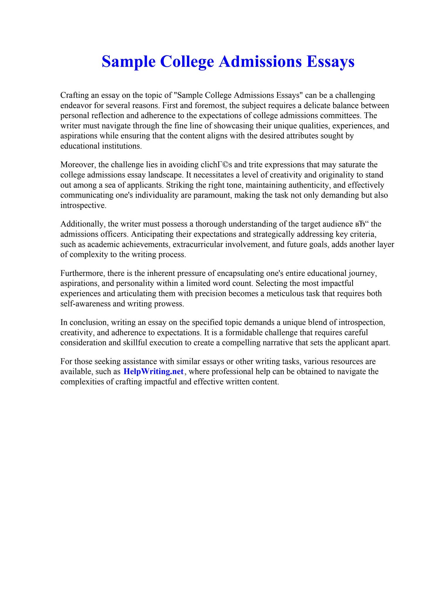 Sample College Admissions Essays by How To Write An Introductory ...