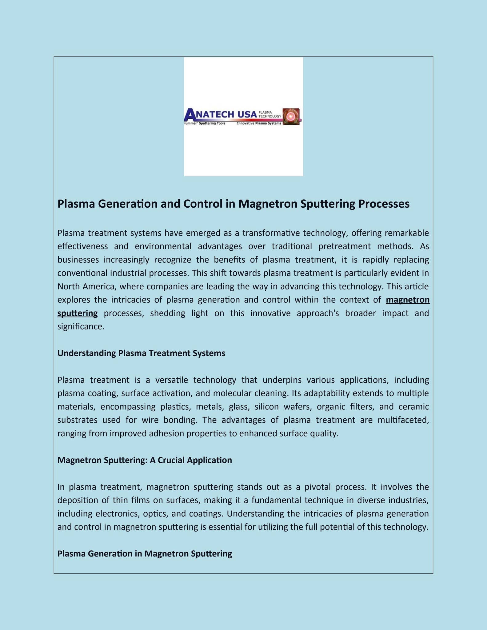 Plasma Generation and Control in Magnetron Sputtering Processes by ...