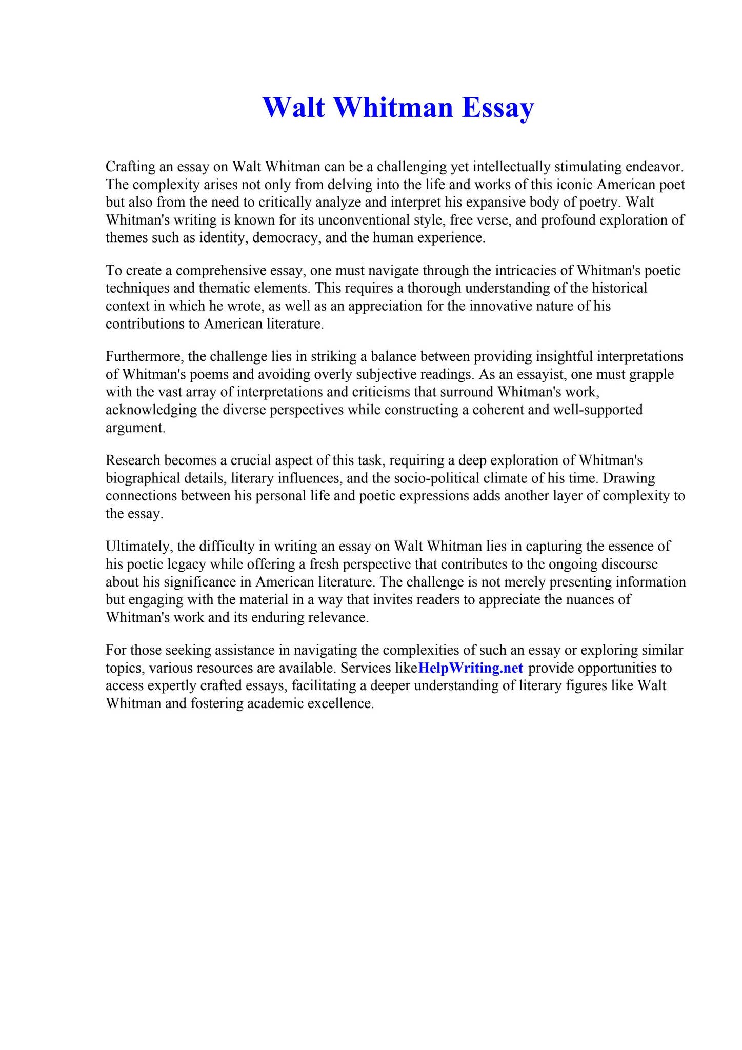 Walt Whitman Essay by How To Write A Self Introduction Essay - Issuu