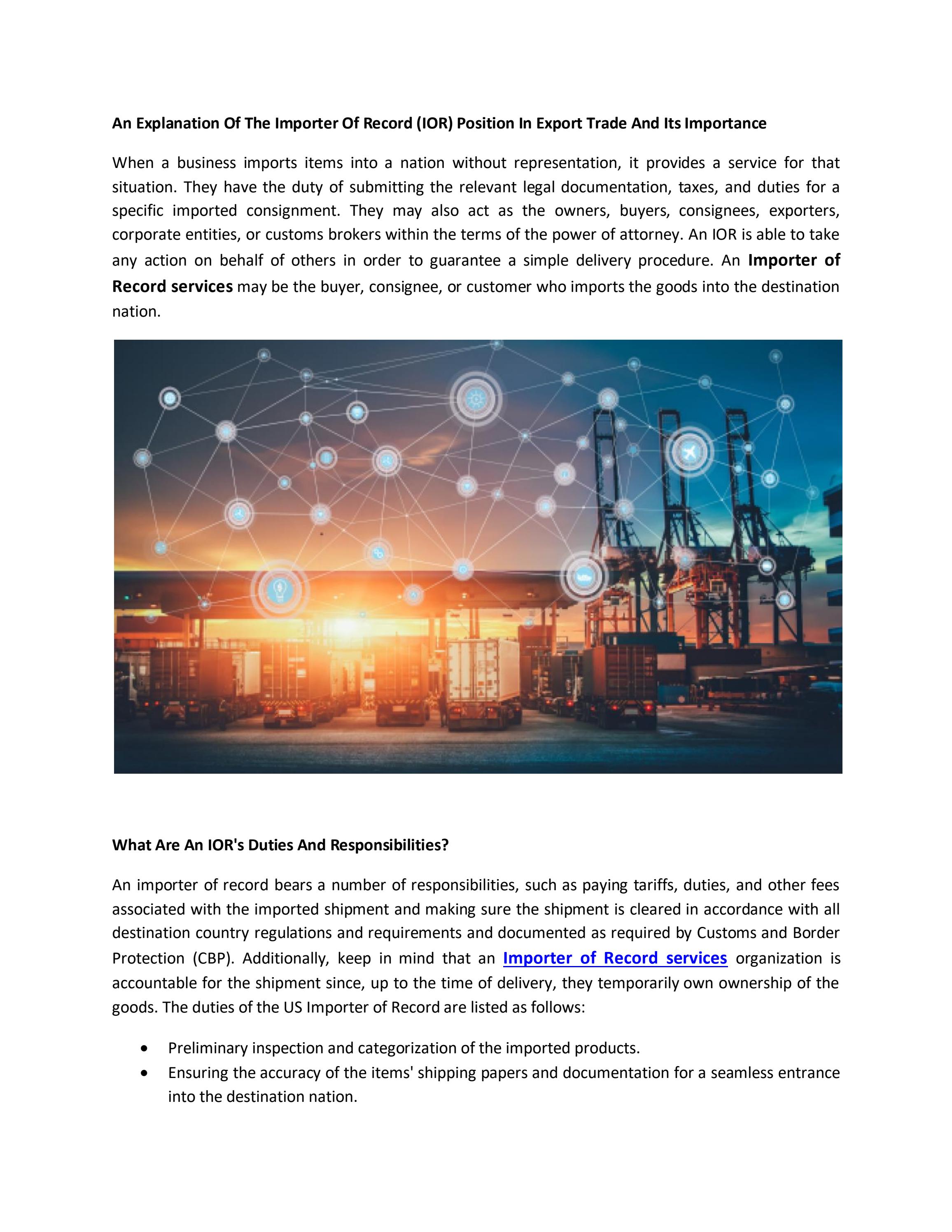An Explanation Of The Importer Of Record (IOR) Position In Export Trade ...