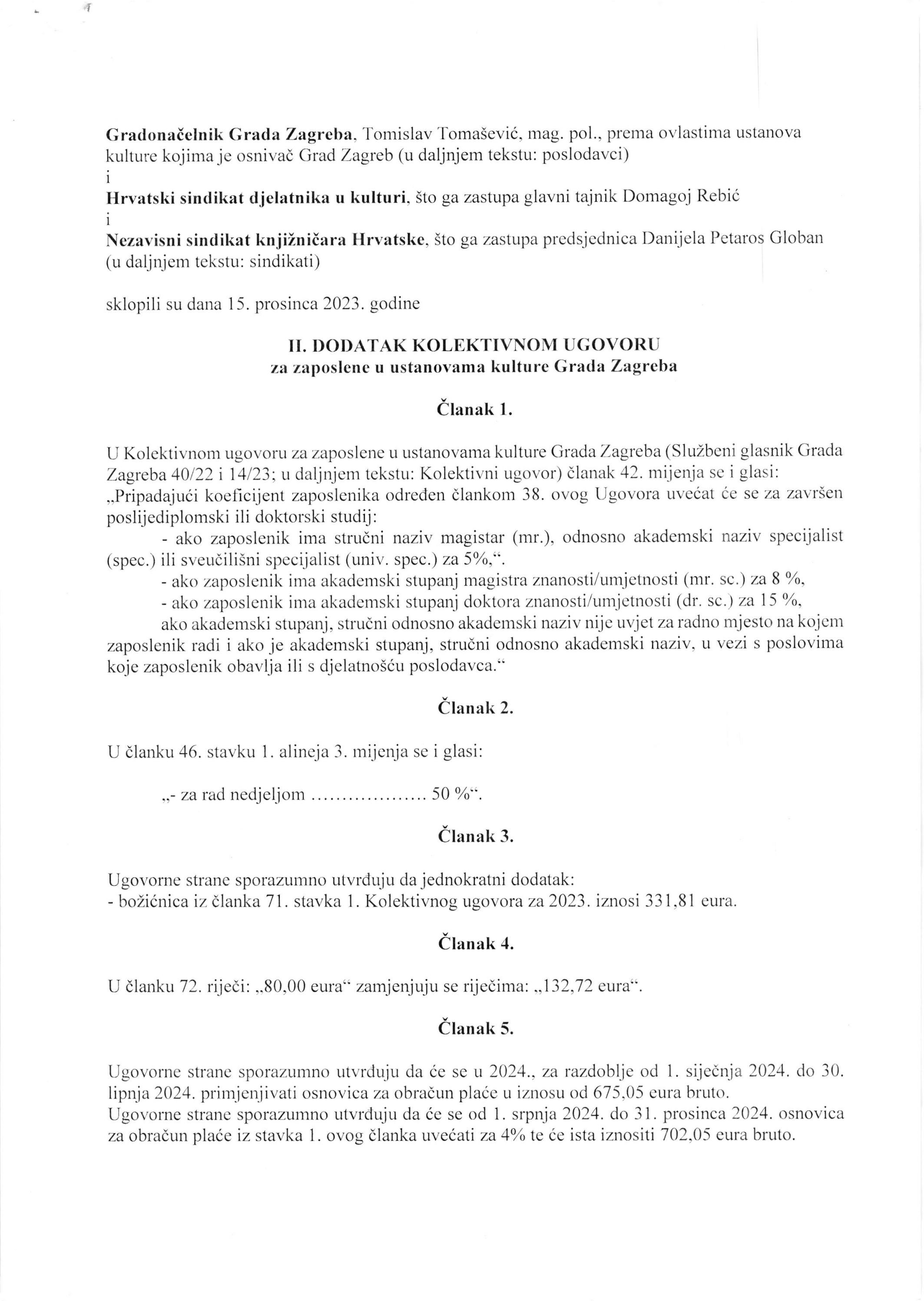 II. dodatak Kolektivnom ugovoru za zaposlenike u ustanovama kulture Grada Zagreba by Knjižnice ...