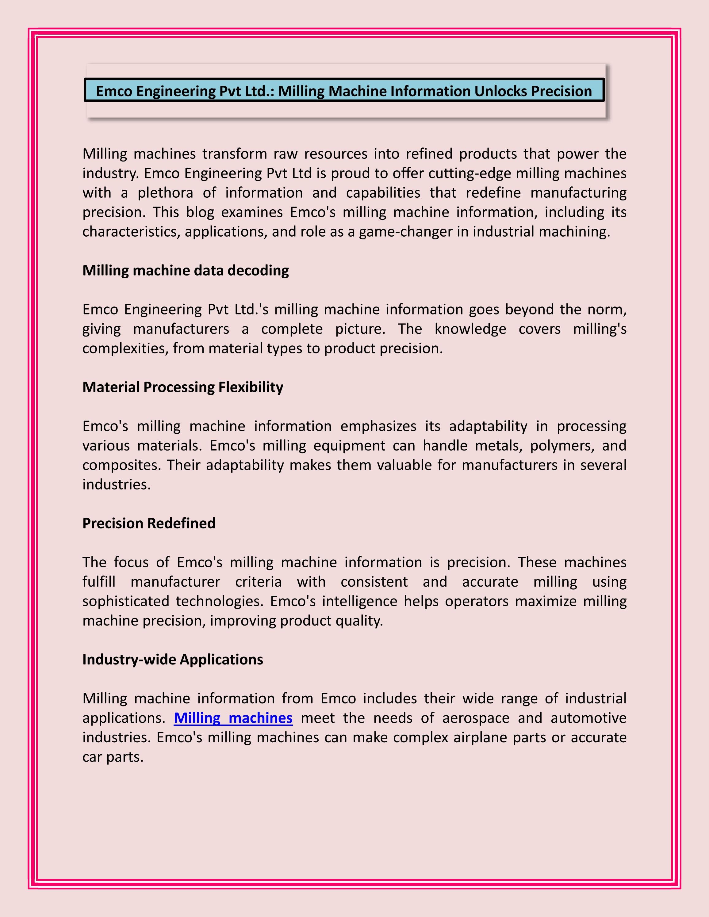 Emco Engineering Pvt Ltd.: Milling Machine Information Unlocks ...