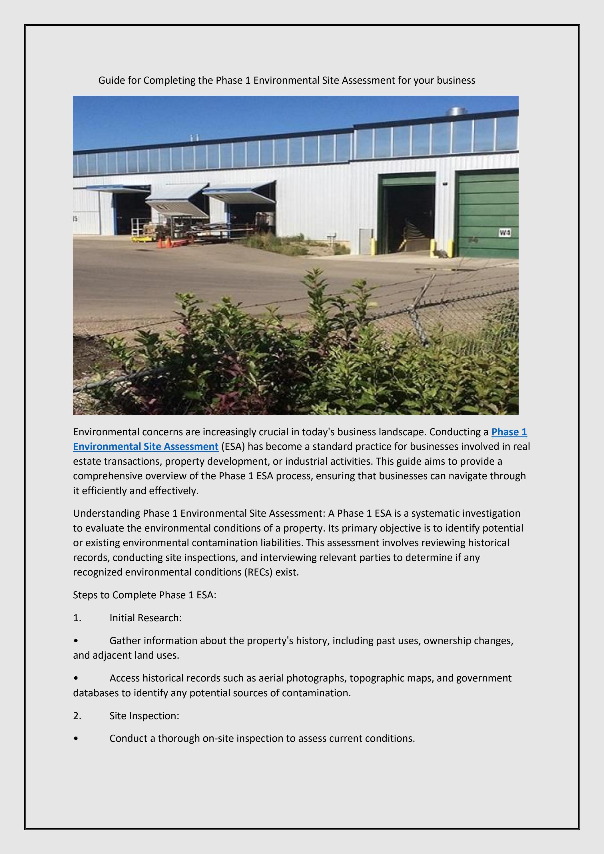 Guide For Completing The Phase 1 Environmental Site Assessment For Your ...