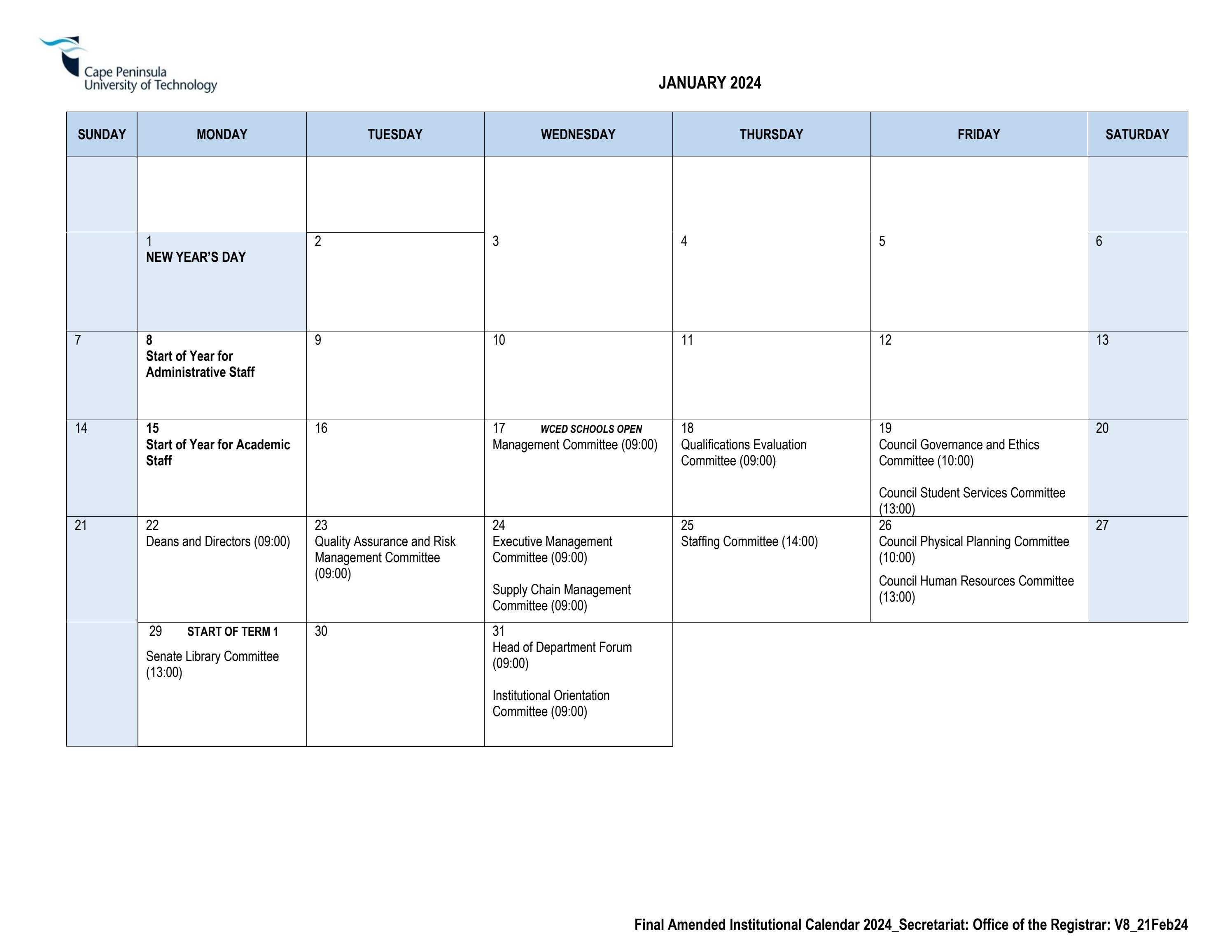 2024 Institutional Calendar - Amended by Cape Peninsula University of ...