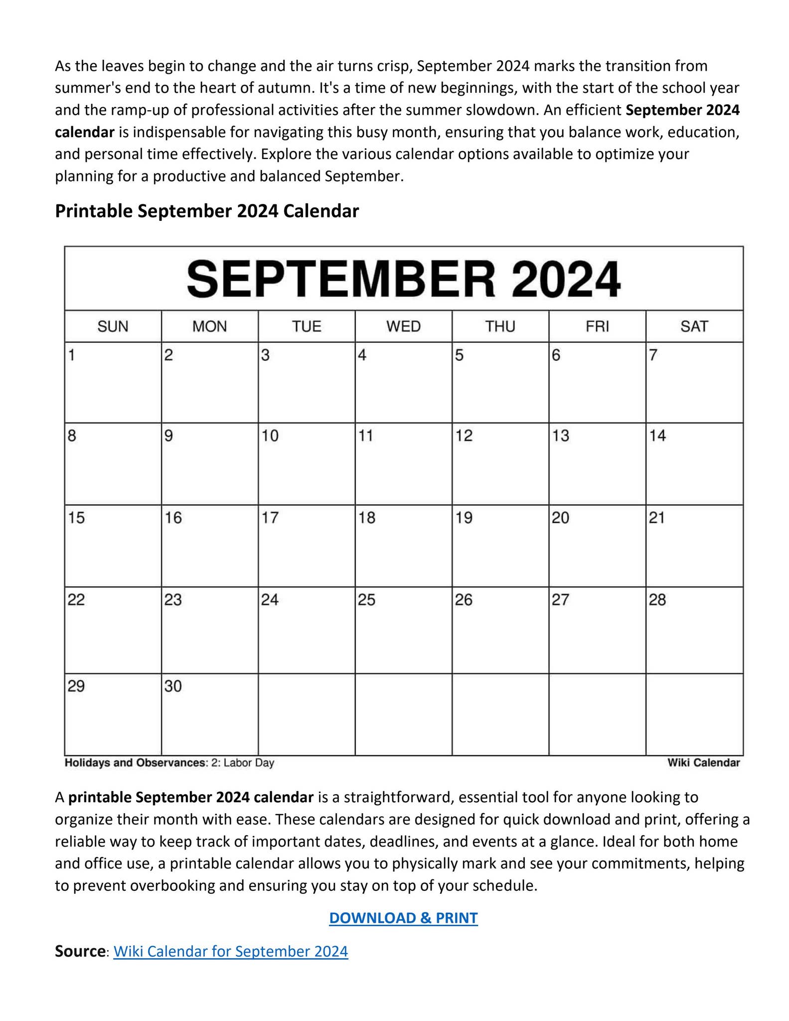 Printable September 2024 Calendar Templates with Holidays - Wiki ...