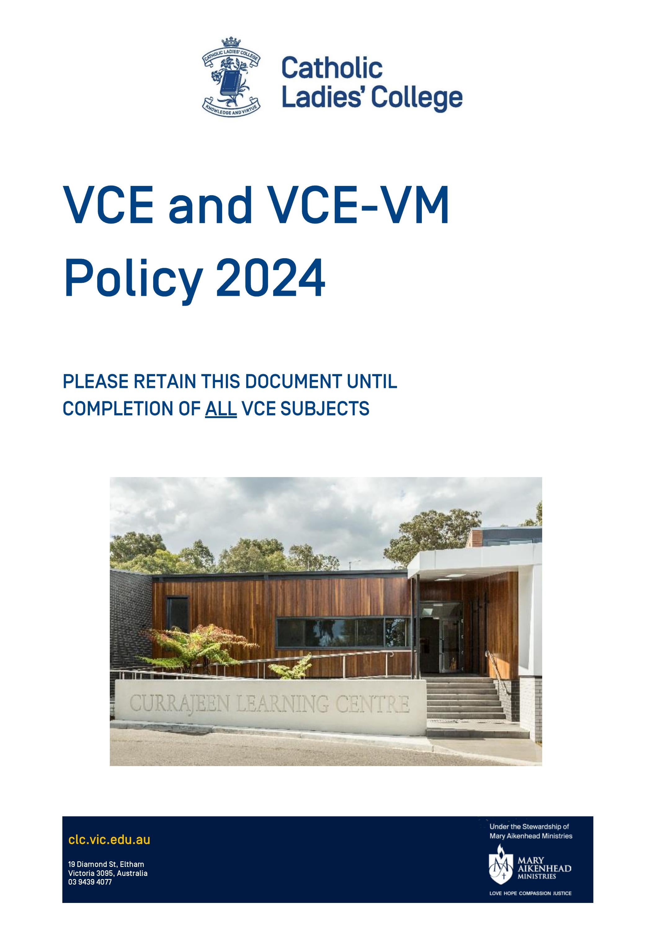 CLC VCE & VCE-VM Policy 2024 by Catholic Ladies' College - Issuu