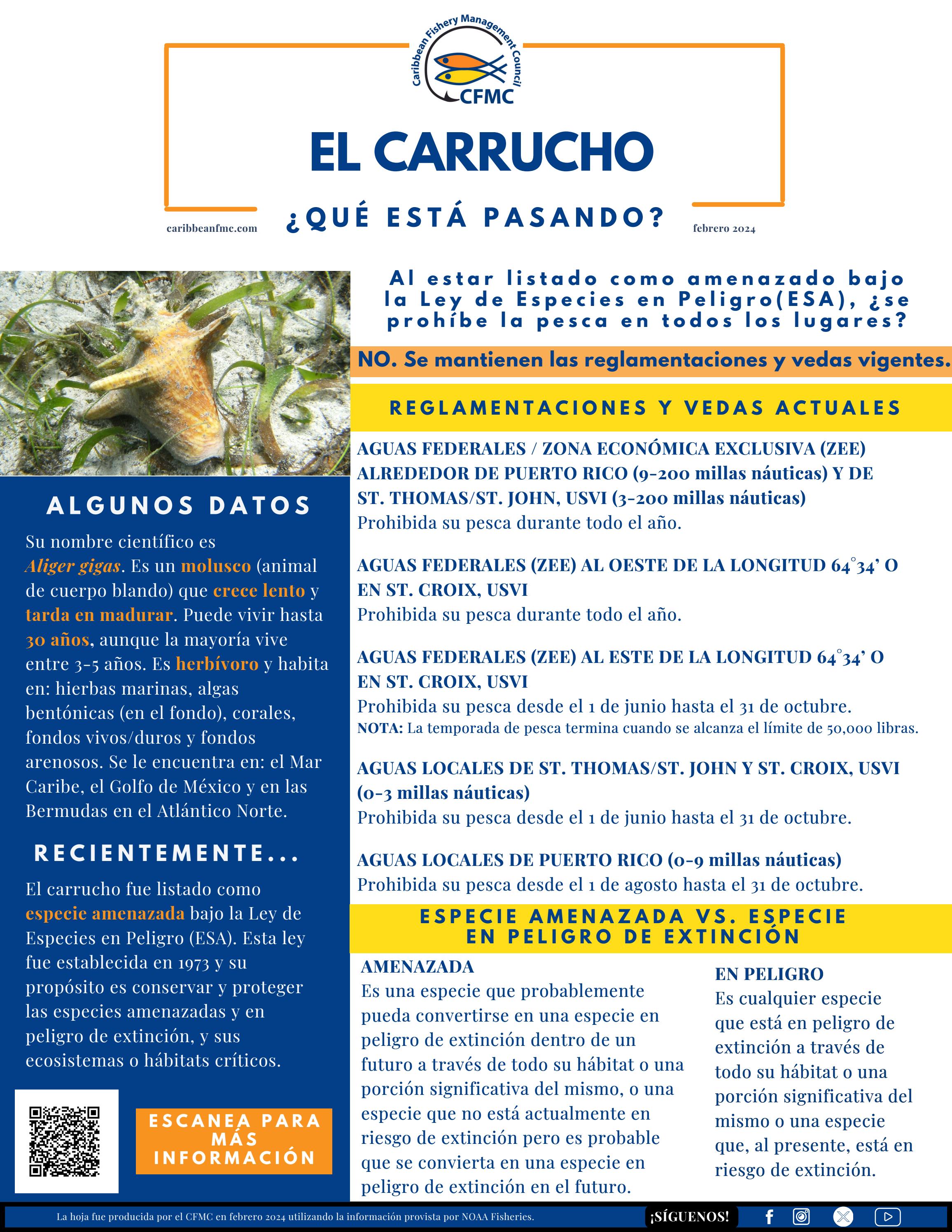 Hoja informativa sobre el carrucho (datos, vedas, reglamentaciones, ESA ...