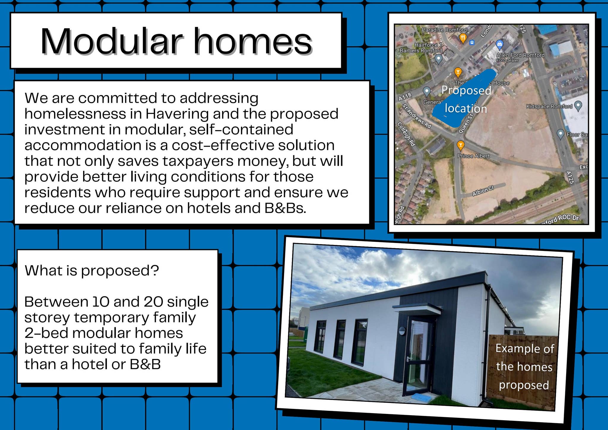 Posters explaining the modular homes proposals Feb 2024 by Havering ...