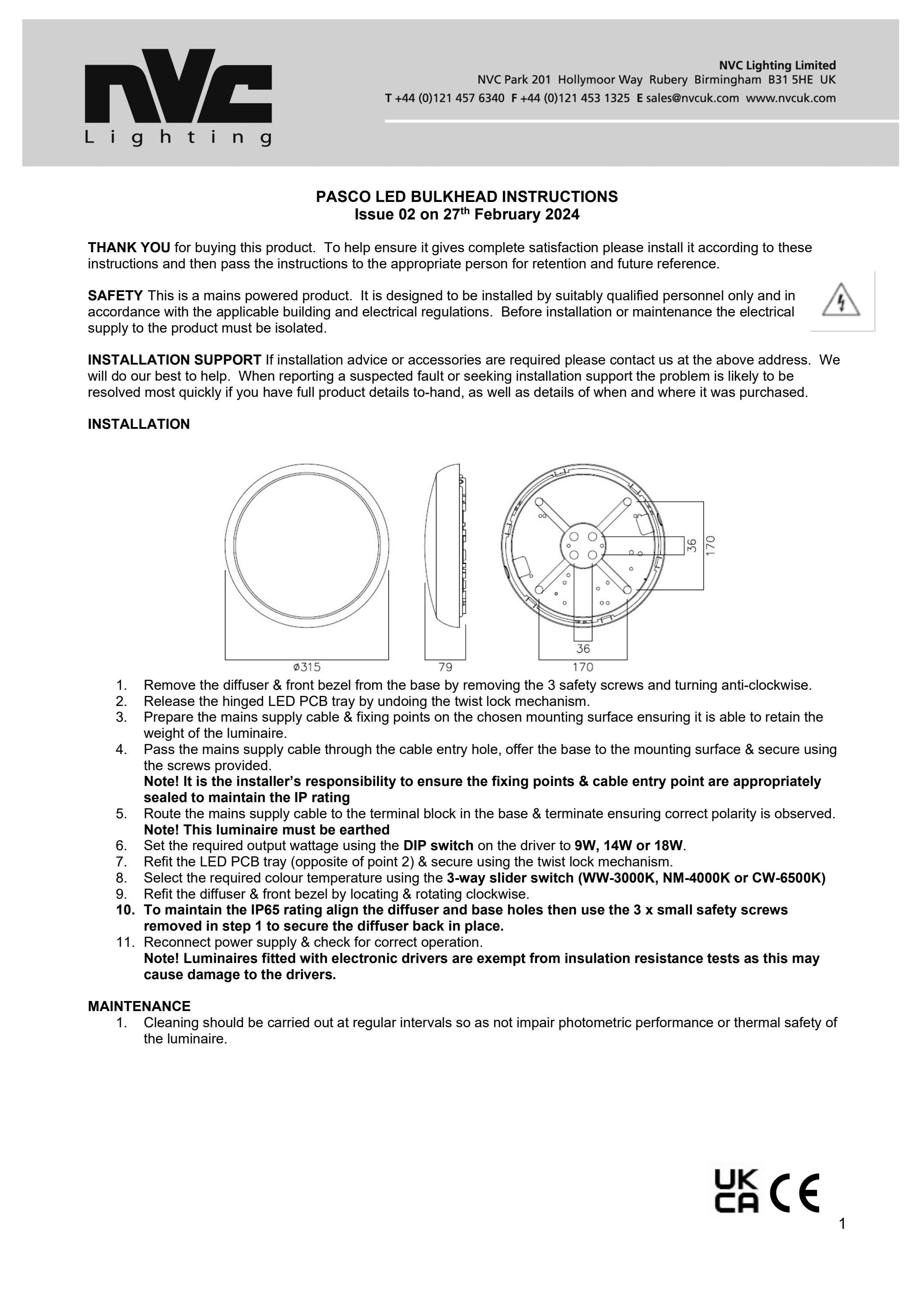 PASCO - IP65 LED Bulkhead - Instruction sheet by NVC Lighting UK - Issuu