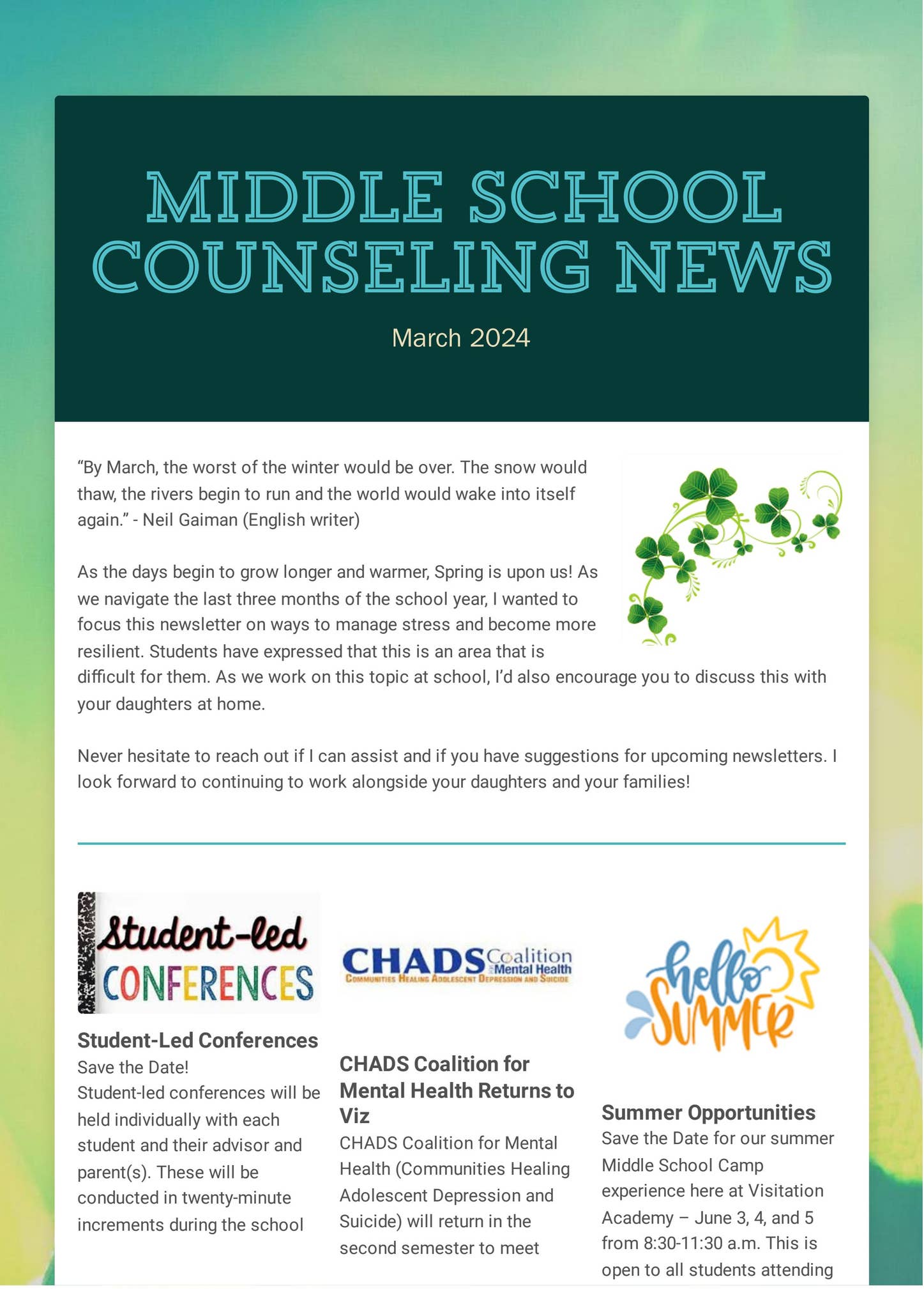 Middle School Counseling Newsletter - March 2024 by Visitation Academy ...