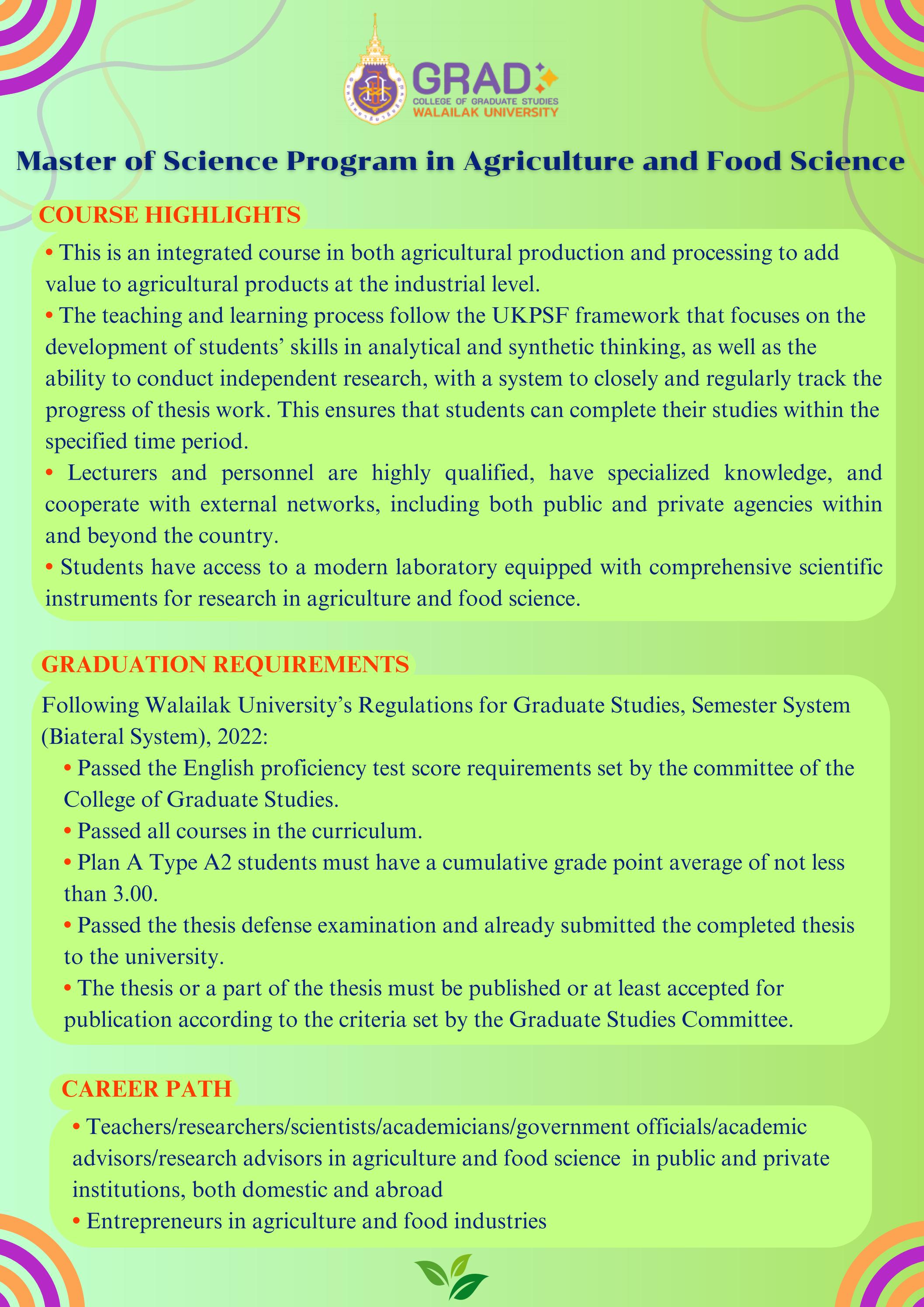 Master of Science Program in Agriculture and Food Science by Bunyisa ...