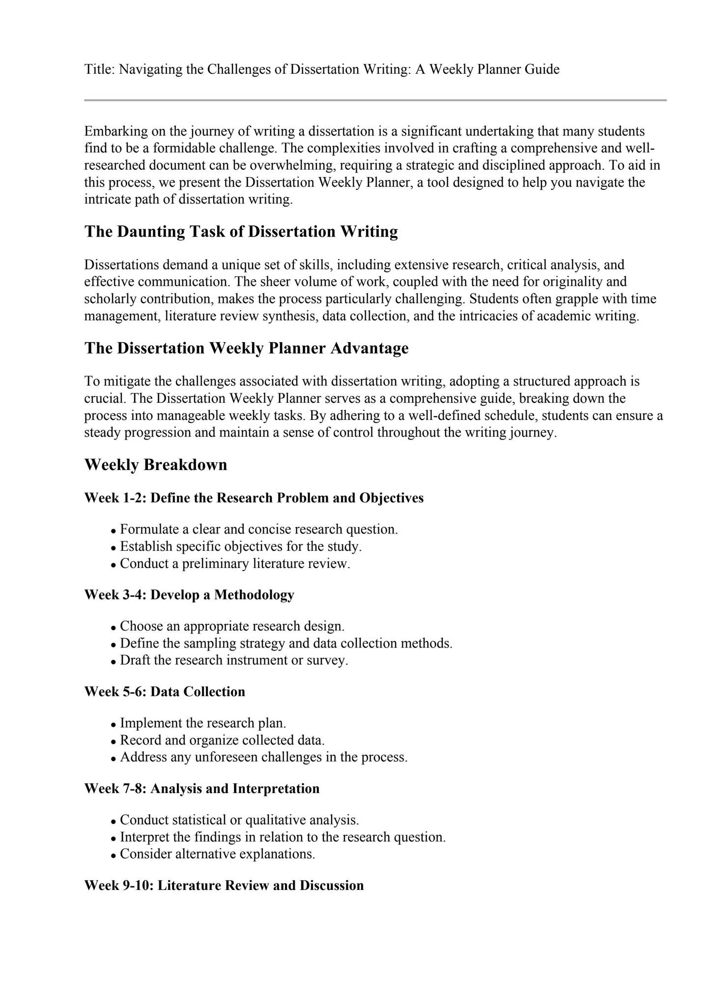 Dissertation Weekly Planner by Ronjel Benz - Issuu