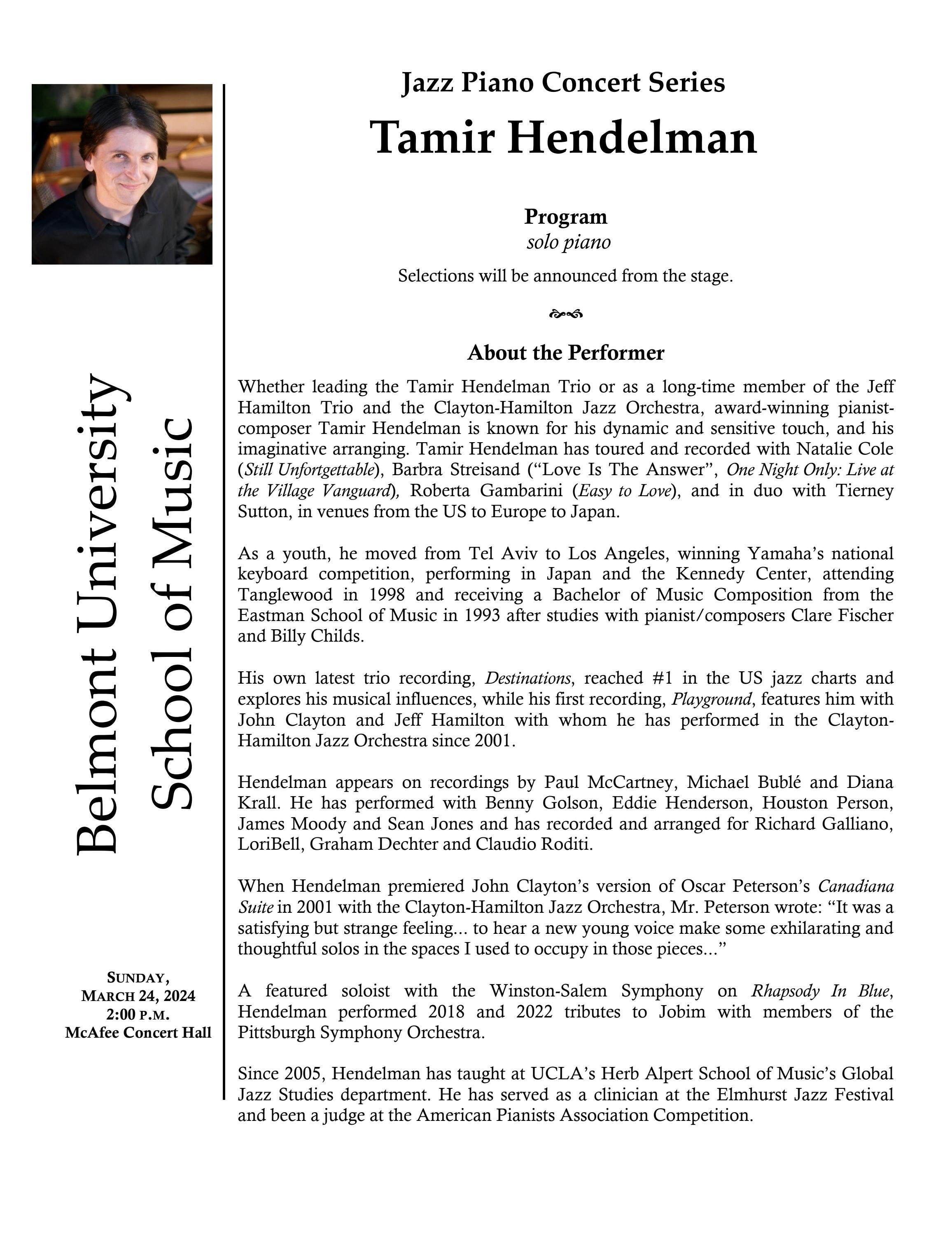 Jazz Piano: Tamir Hendelman 3.24.24 by Belmont University - Issuu