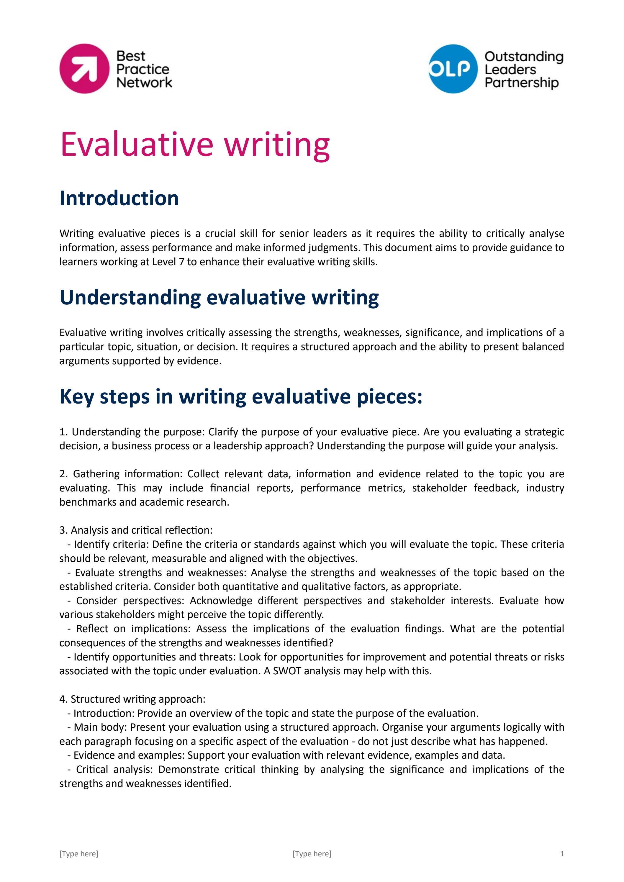 LP: Evaluative writing at level 7 by Best-Practice-Network - Issuu