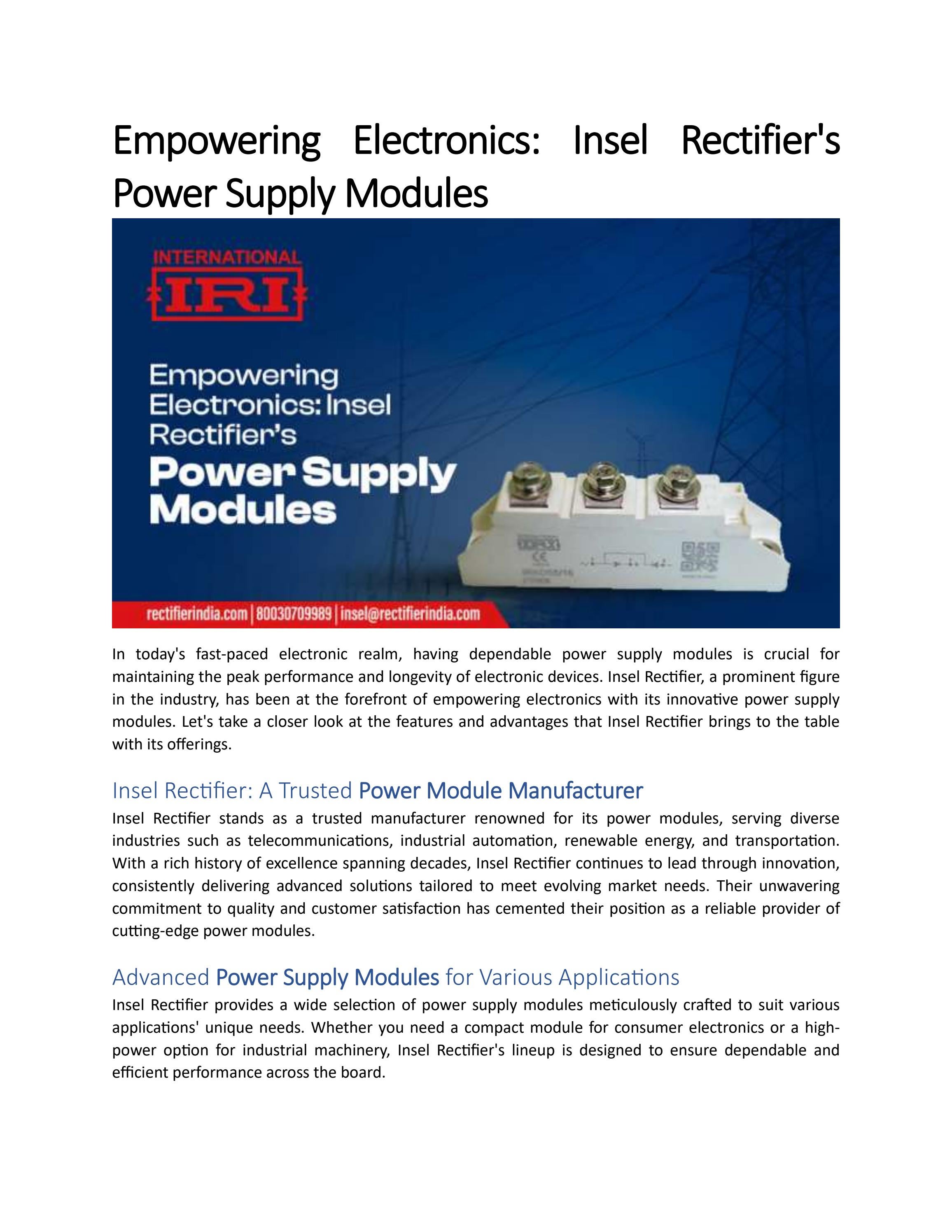 Empowering Electronics: Insel Rectifier’s Power Supply Modules by Insel Rectifiers - Issuu