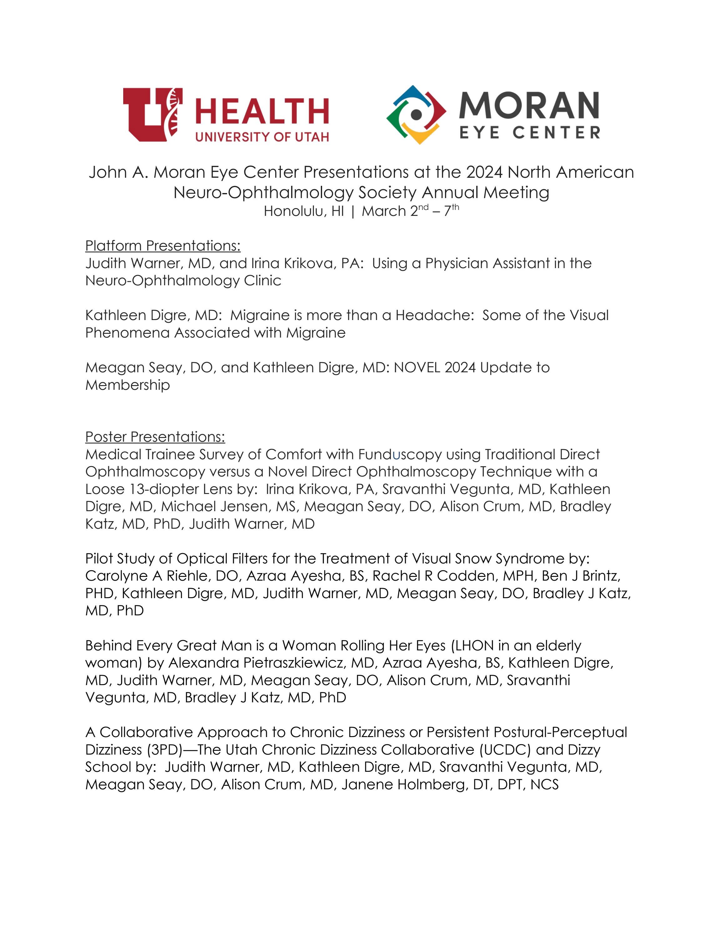 John A. Moran Eye Center Presentations at the 2024 NANOS Annual Meeting ...