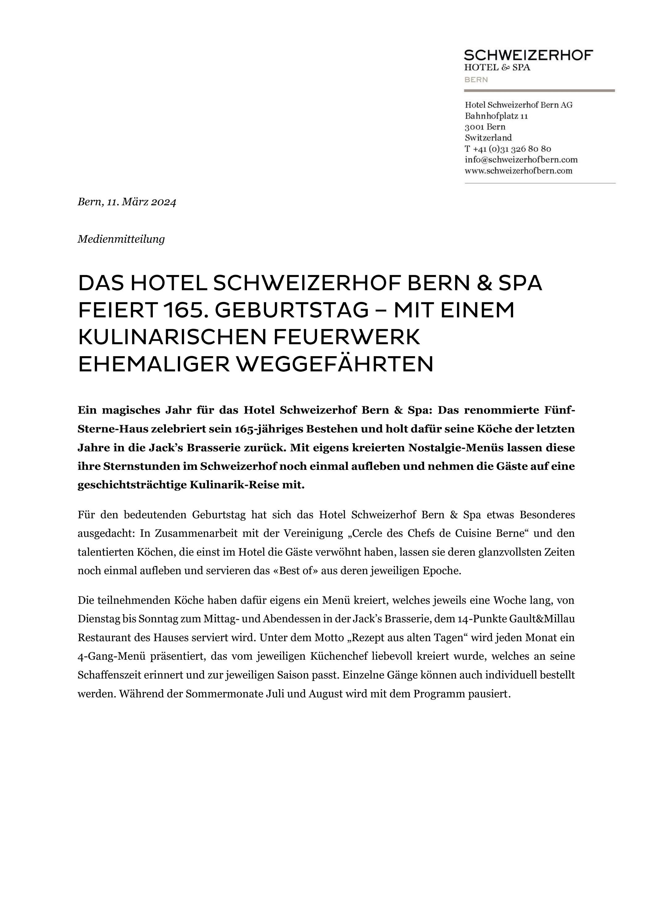Press Release 165 Jahre Hotel Schweizerhof Bern & Spa x CCCB by The ...