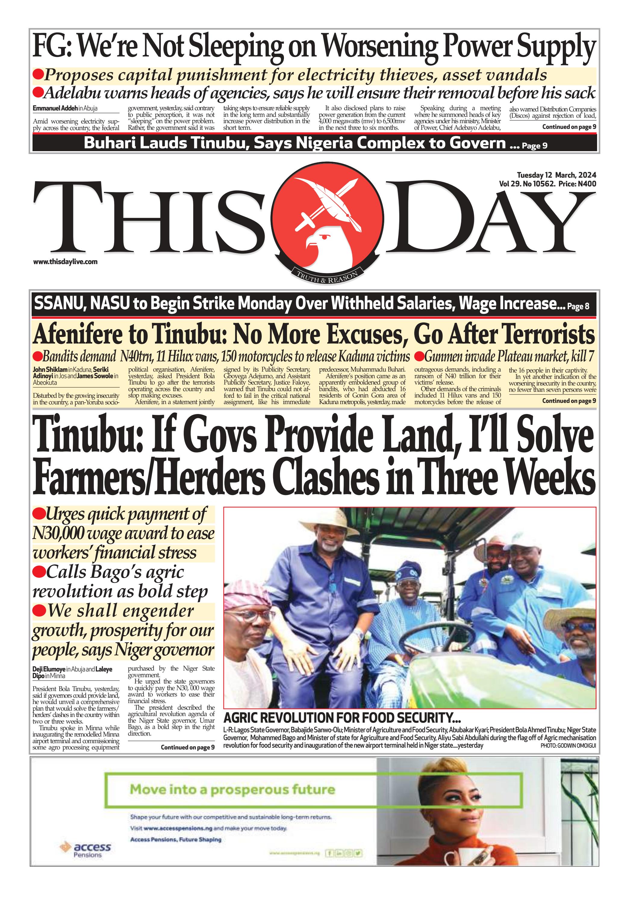 TUESDAY 12TH MARCH 2024 by THISDAY Newspapers Ltd - Issuu