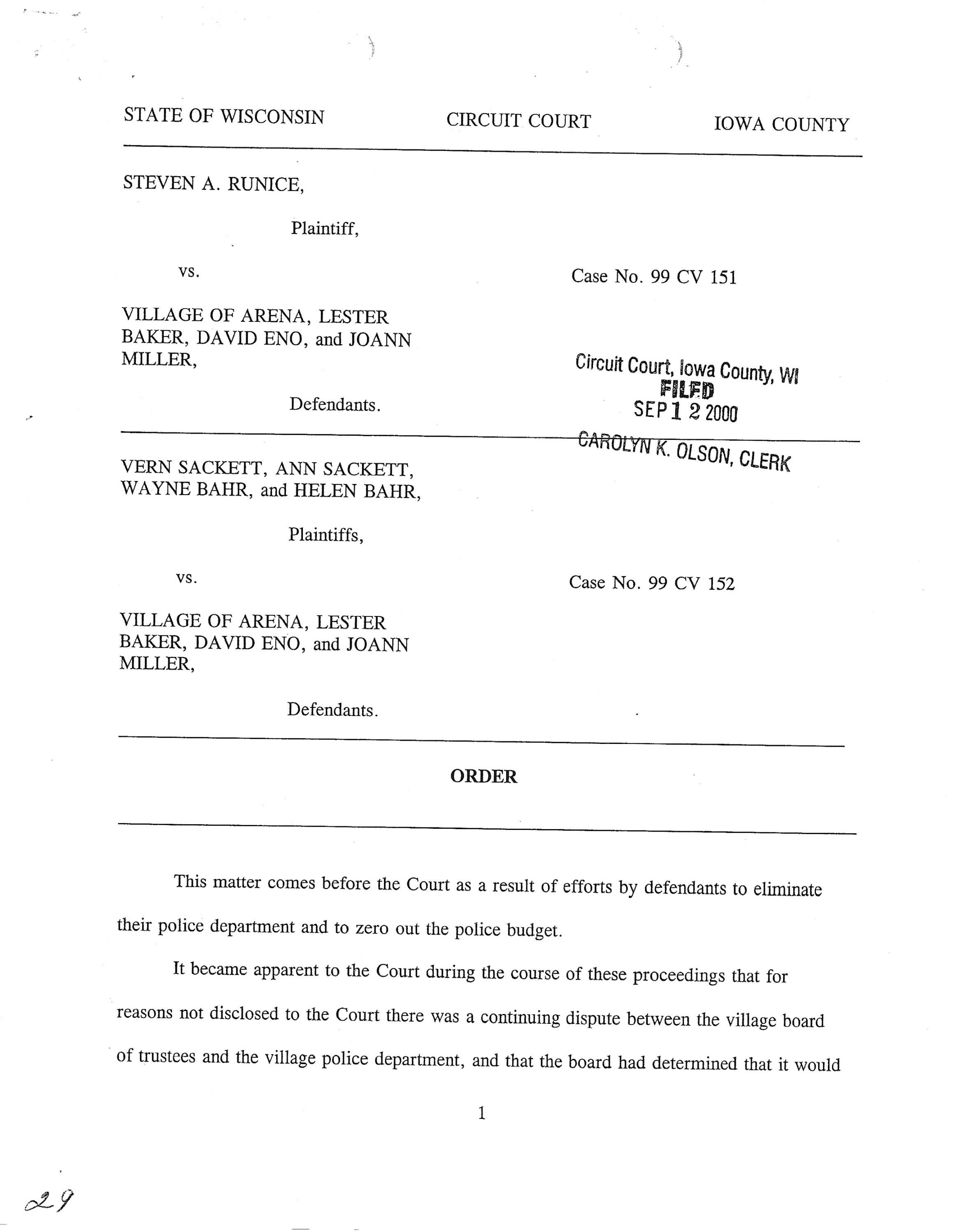 Village of Arena Judge Dyke Iowa County Court Order (2000) - 99 CV 151 ...