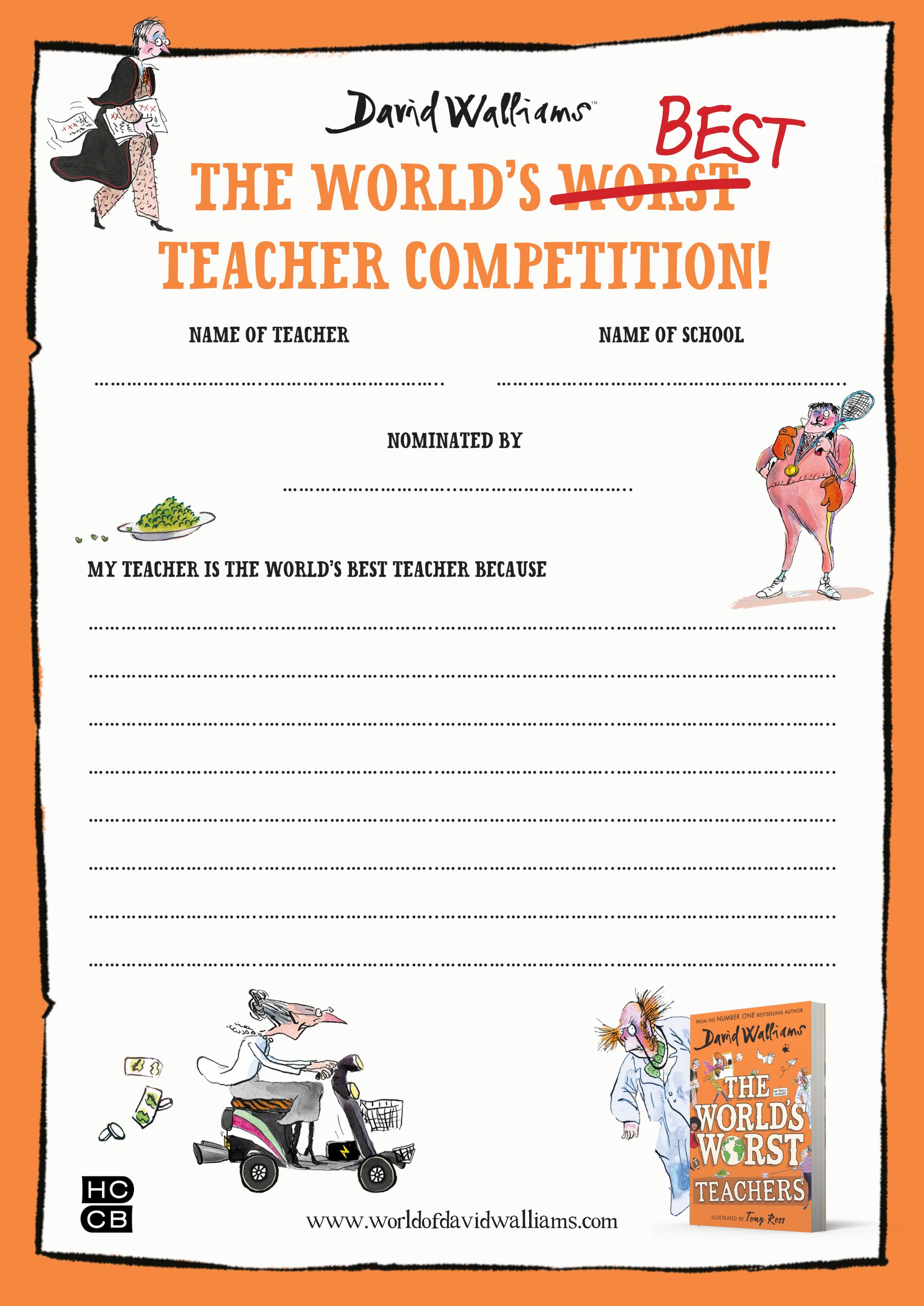 David Walliams World's Best Teacher Competition Sheet by ...