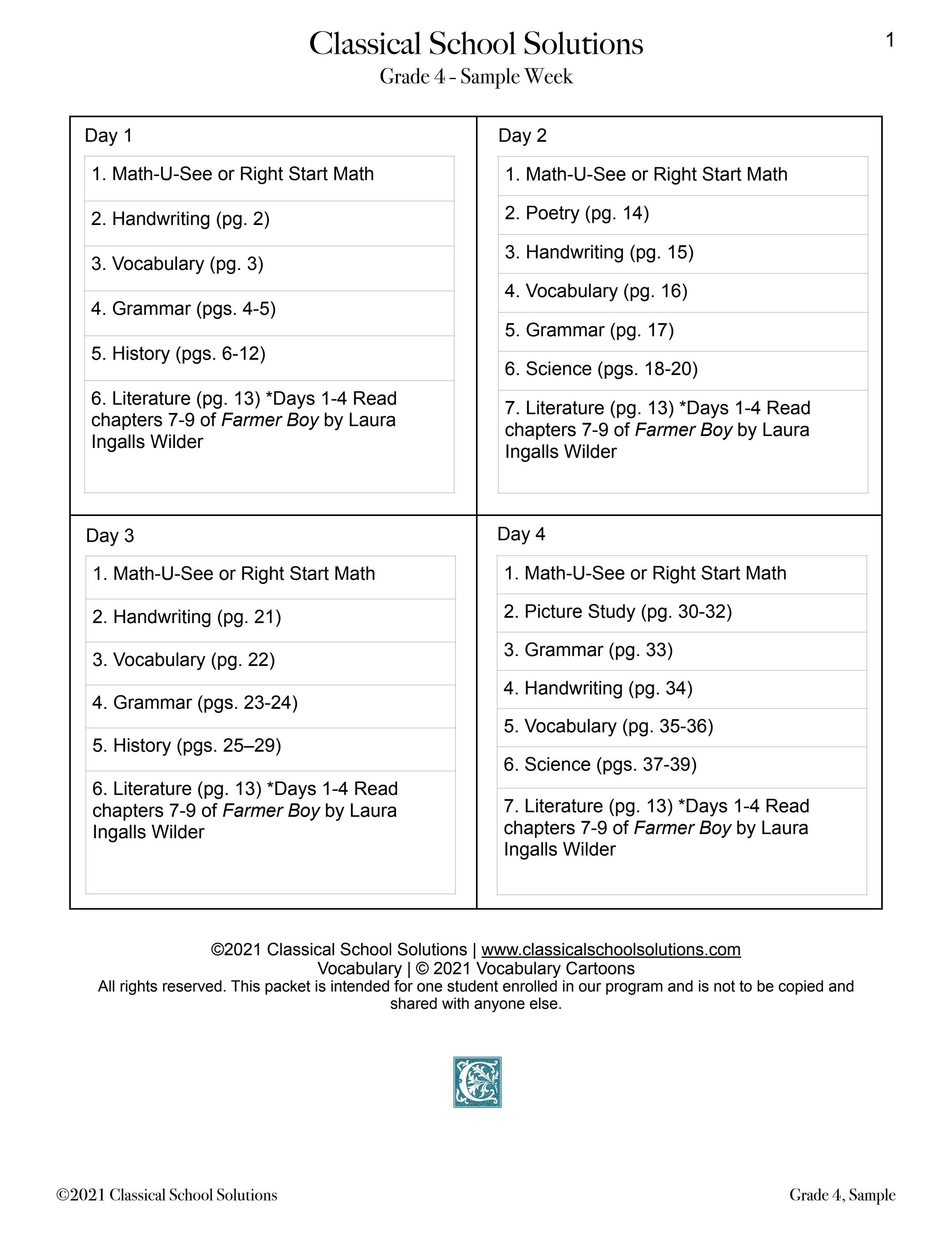 Grade 4 Curriculum Packet Sample Week by Classical School Solutions - Issuu