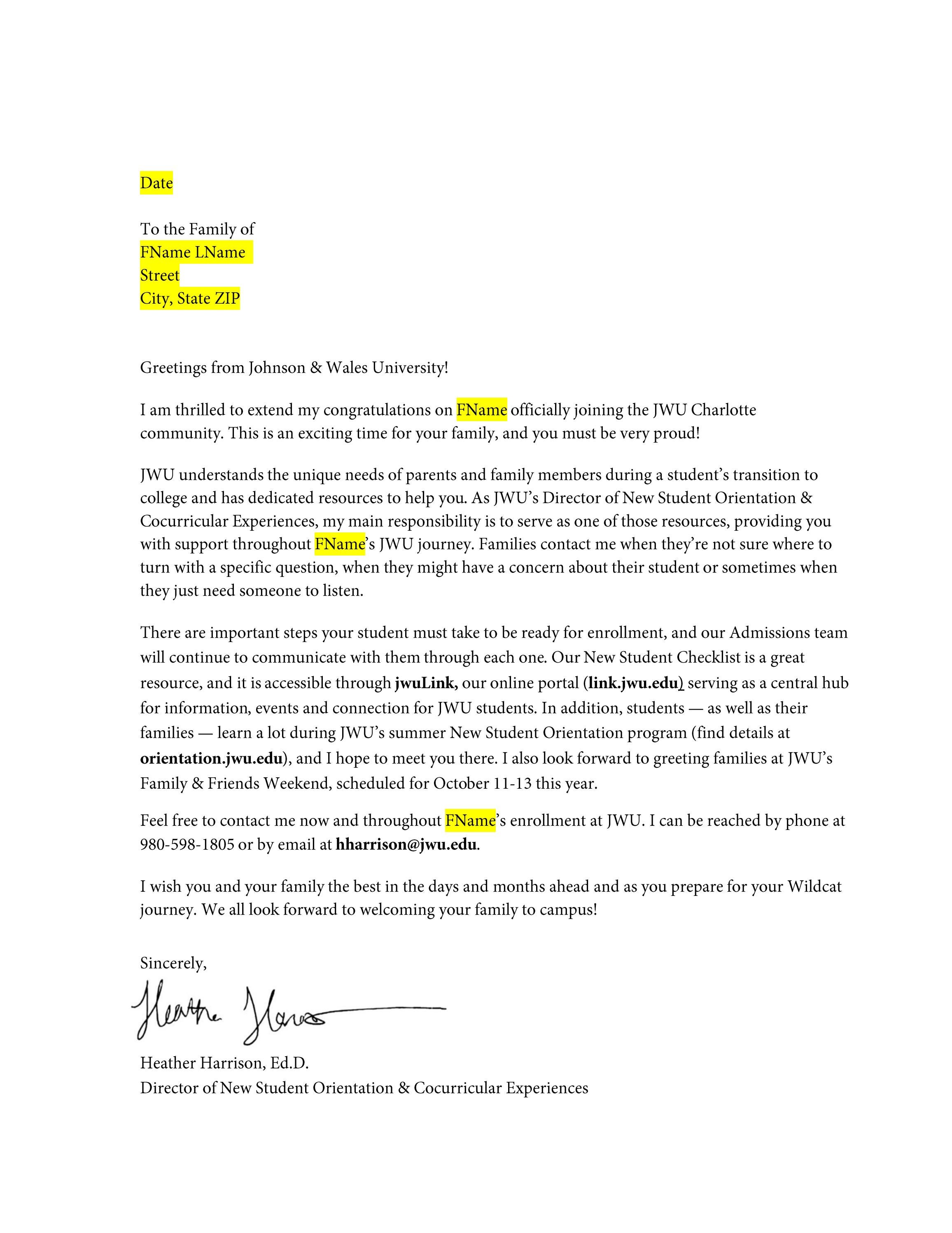 2324 Parent & Family Welcome Letter_NC by Johnson & Wales University ...