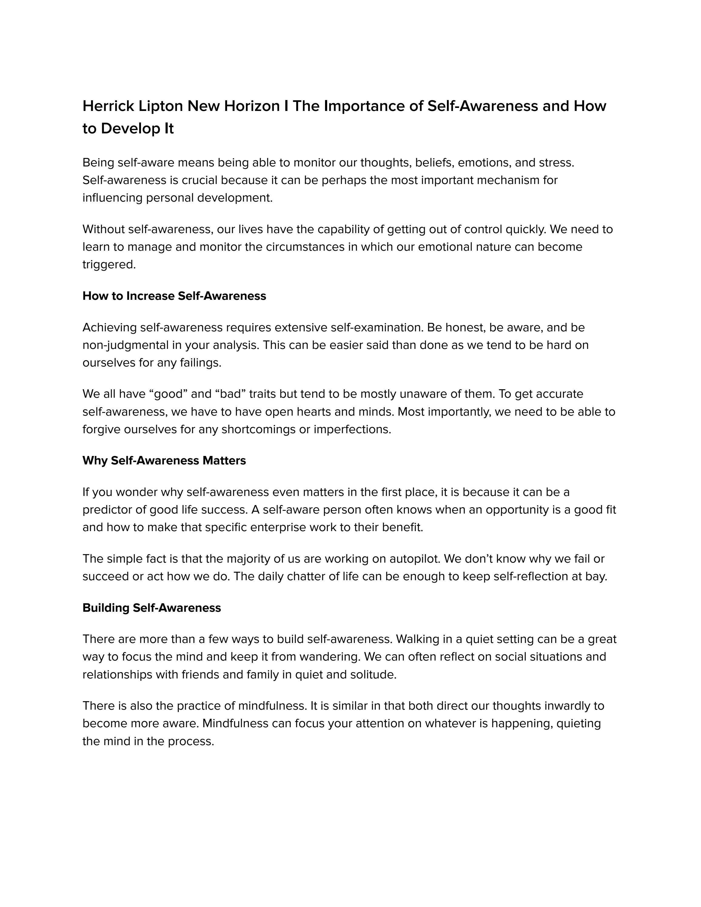 Herrick Lipton New Horizon I The Importance of Self-Awareness and How to Develop It by Herrick ...