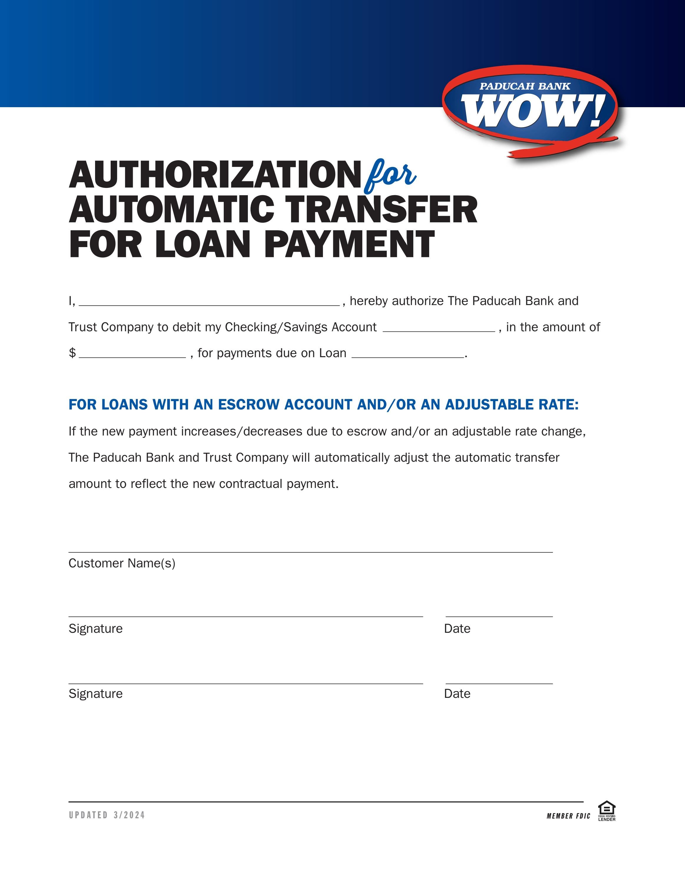 Auto Transfer Authorization for Loan Payment by PaducahBank - Issuu