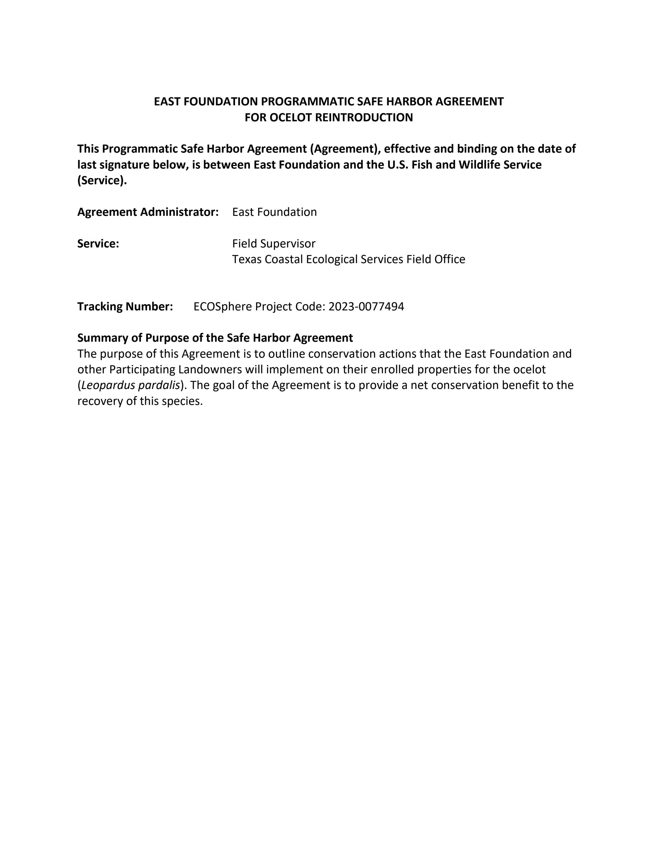 East Foundation Programmatic Safe Harbor Agreement for Ocelot ...