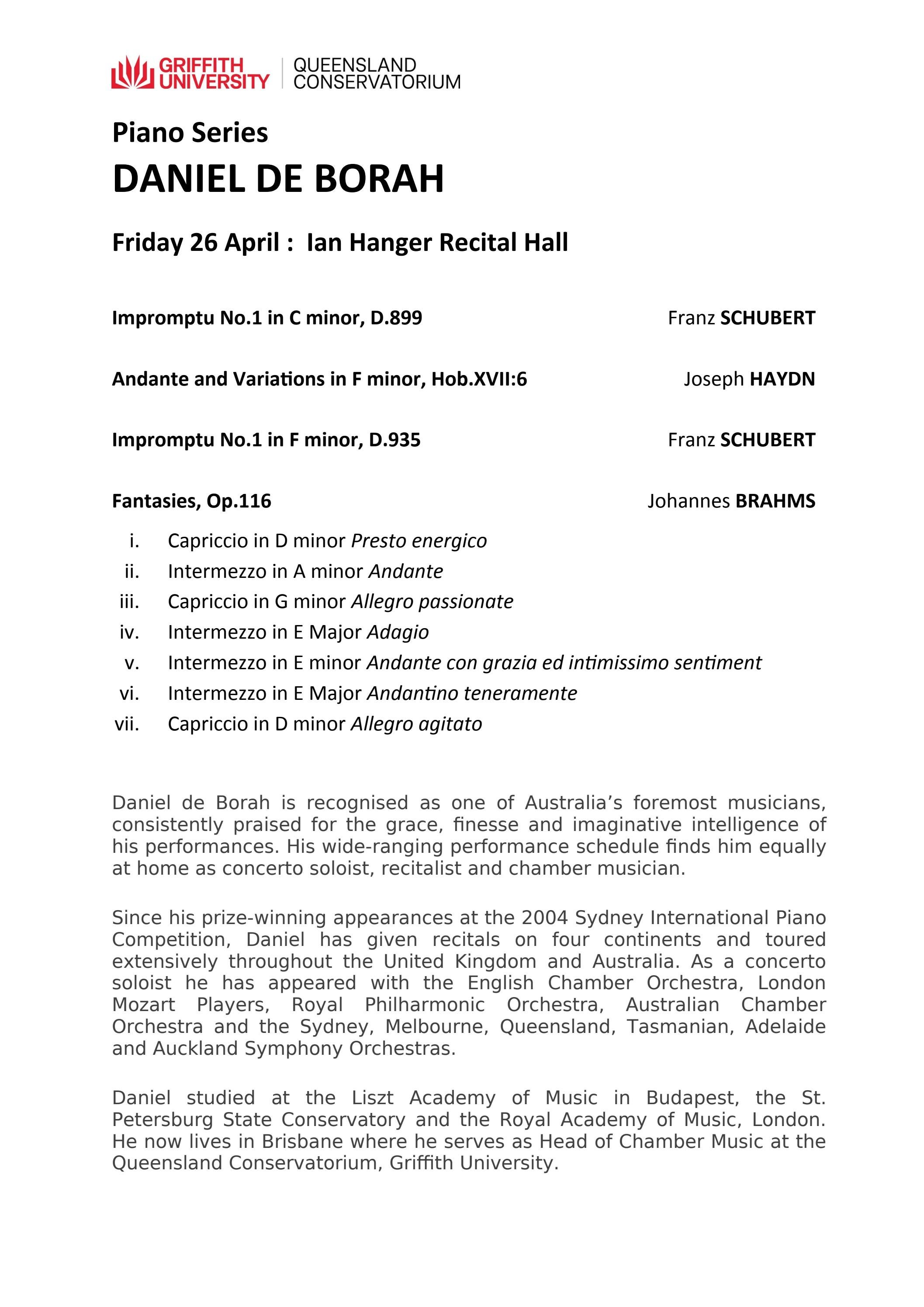 Program - Daniel de Borah by Queensland Conservatorium Griffith University - Issuu