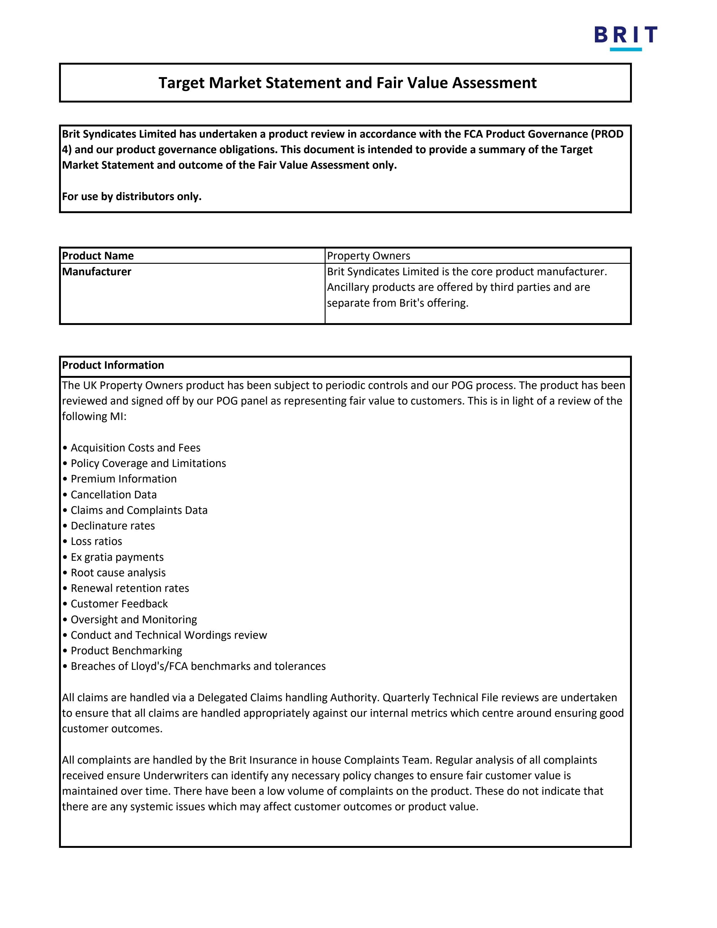 Brit Property Owners Target MArket Statement and Fair Value Assessment ...