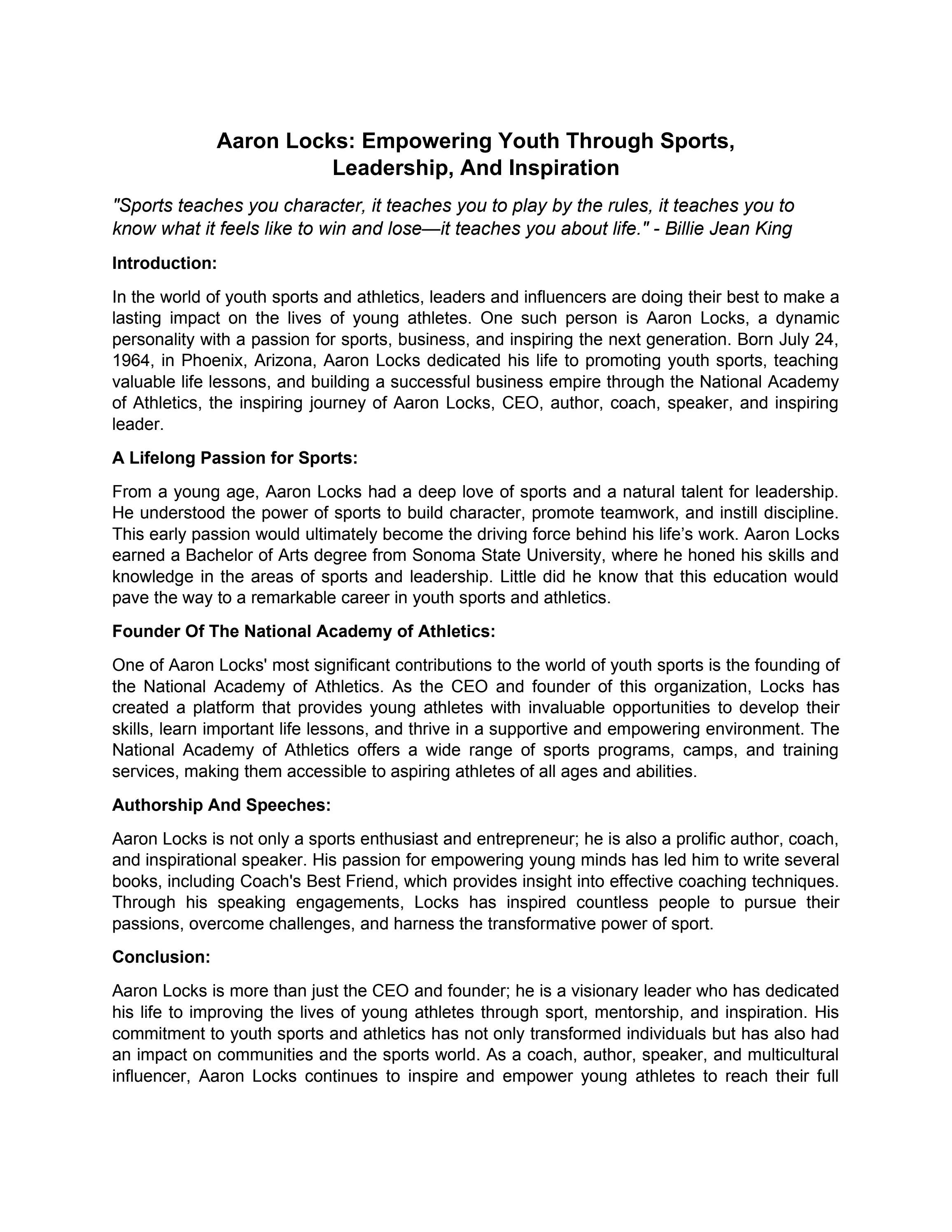 Aaron Locks: Empowering Youth Through Sports, Leadership, And ...