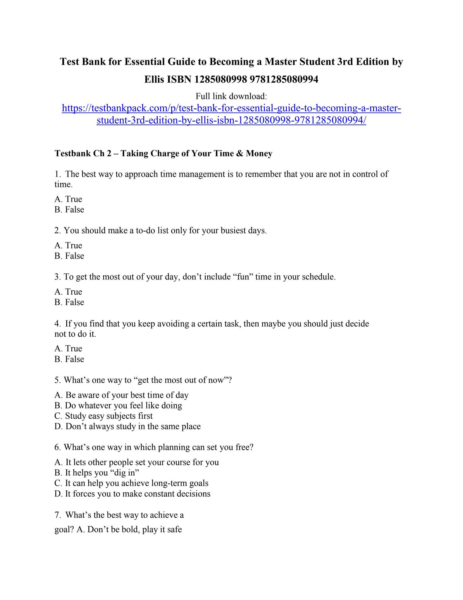 Test bank for essential guide to becoming a master student 3rd edition ...