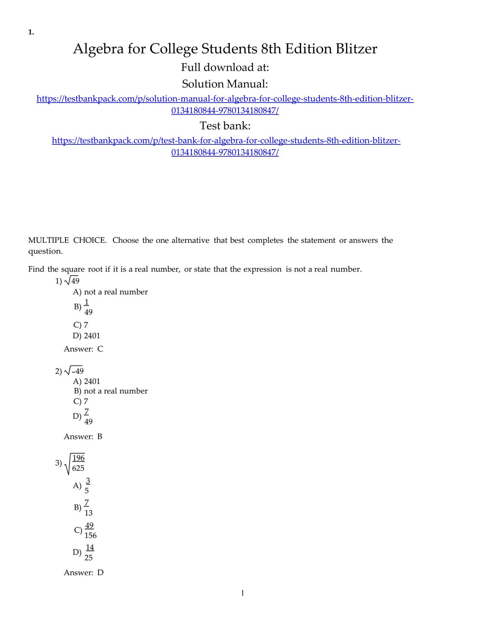 Algebra for college students 8th edition blitzer test bank by brian ...