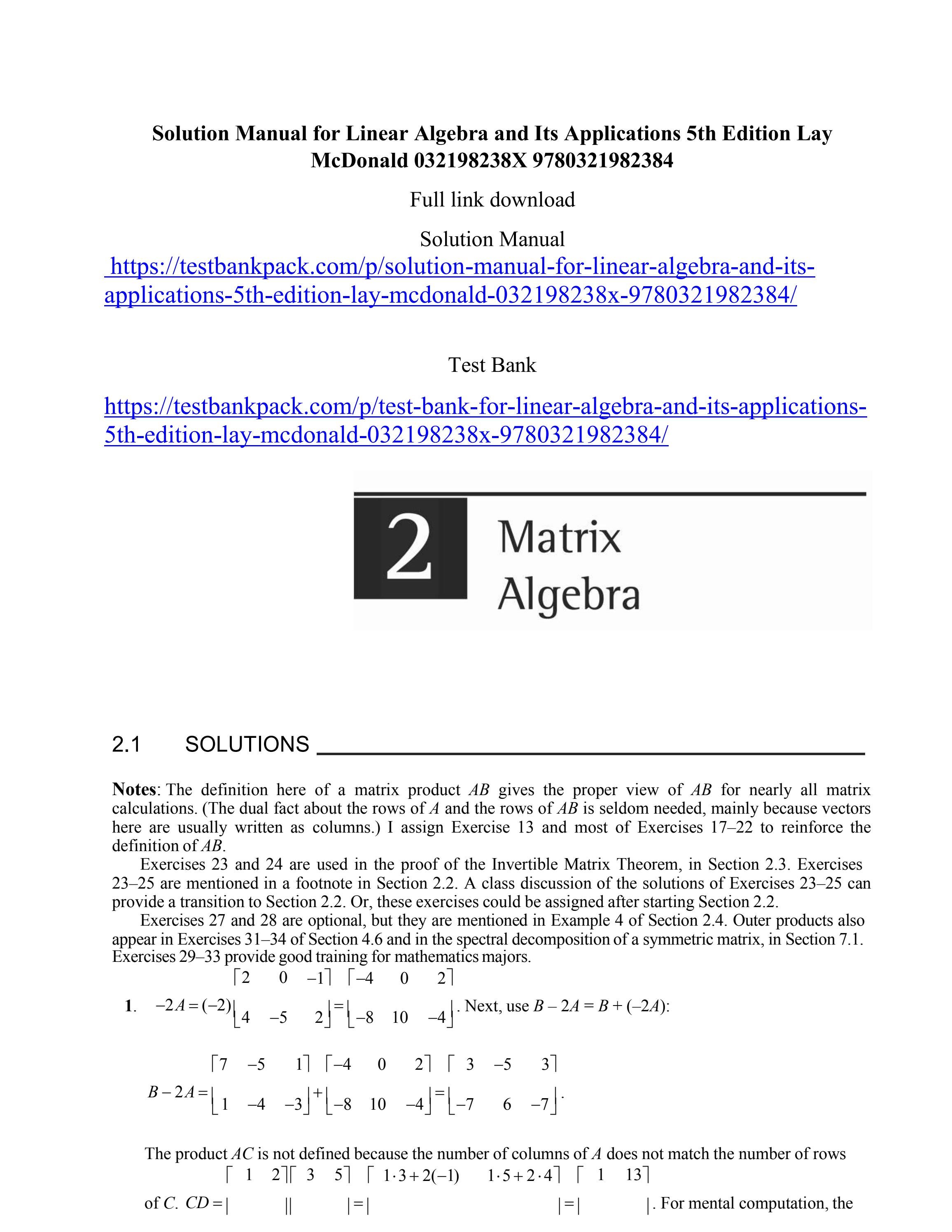 Solution manual for linear algebra and its applications 5th edition lay ...