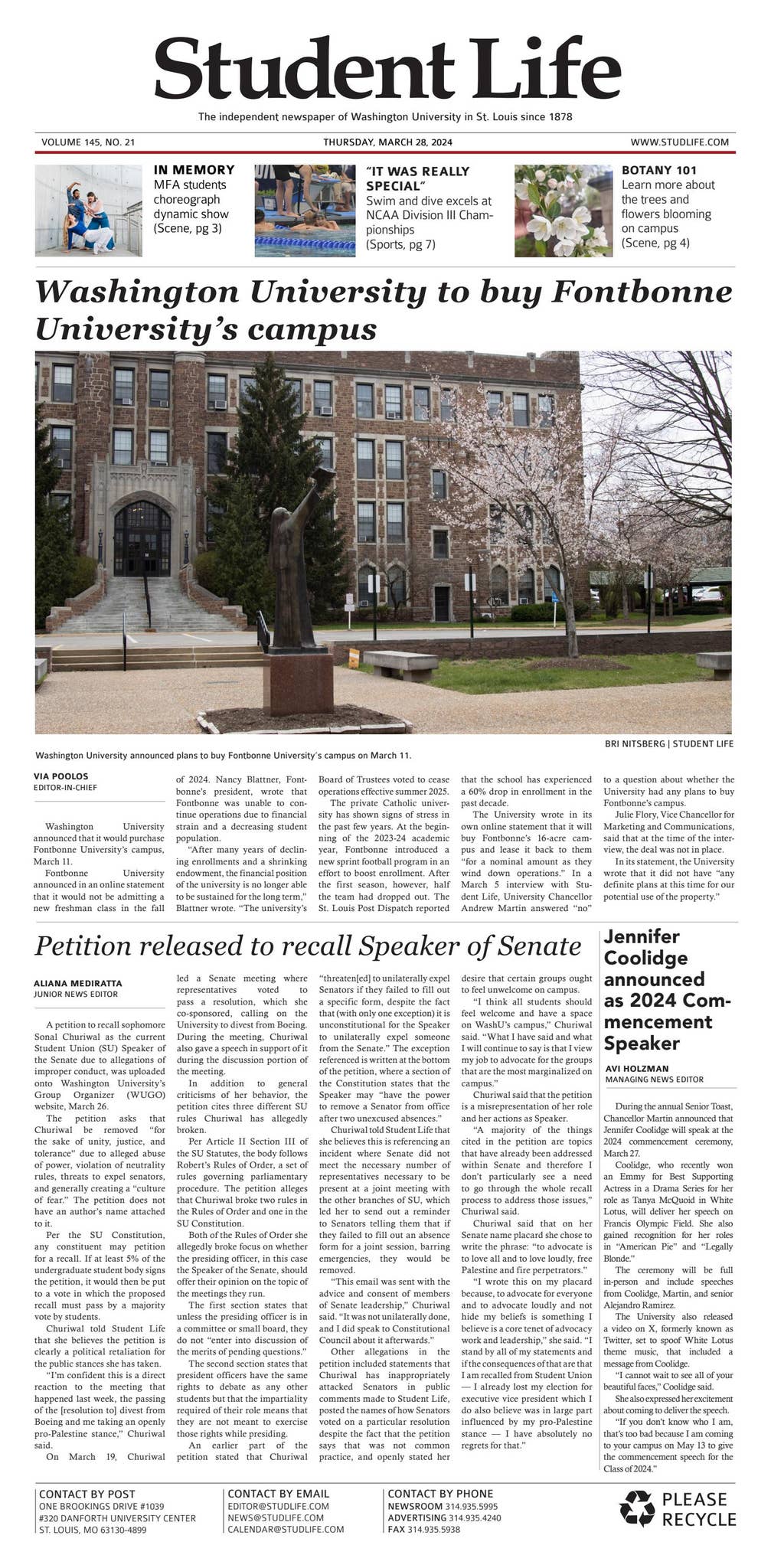 March 28, 2024 Student Life newspaper, Washington University in St ...