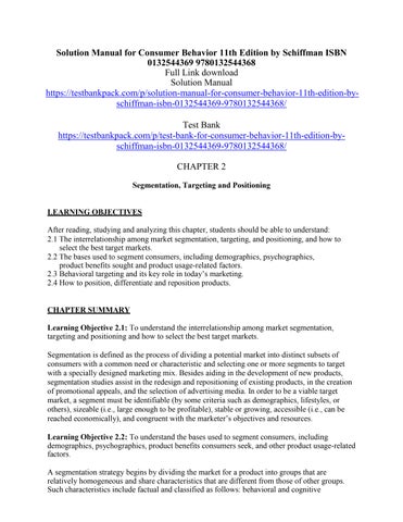 Solution manual for consumer behavior 11th edition by schiffman isbn 0132544369 9780132544368 by ...