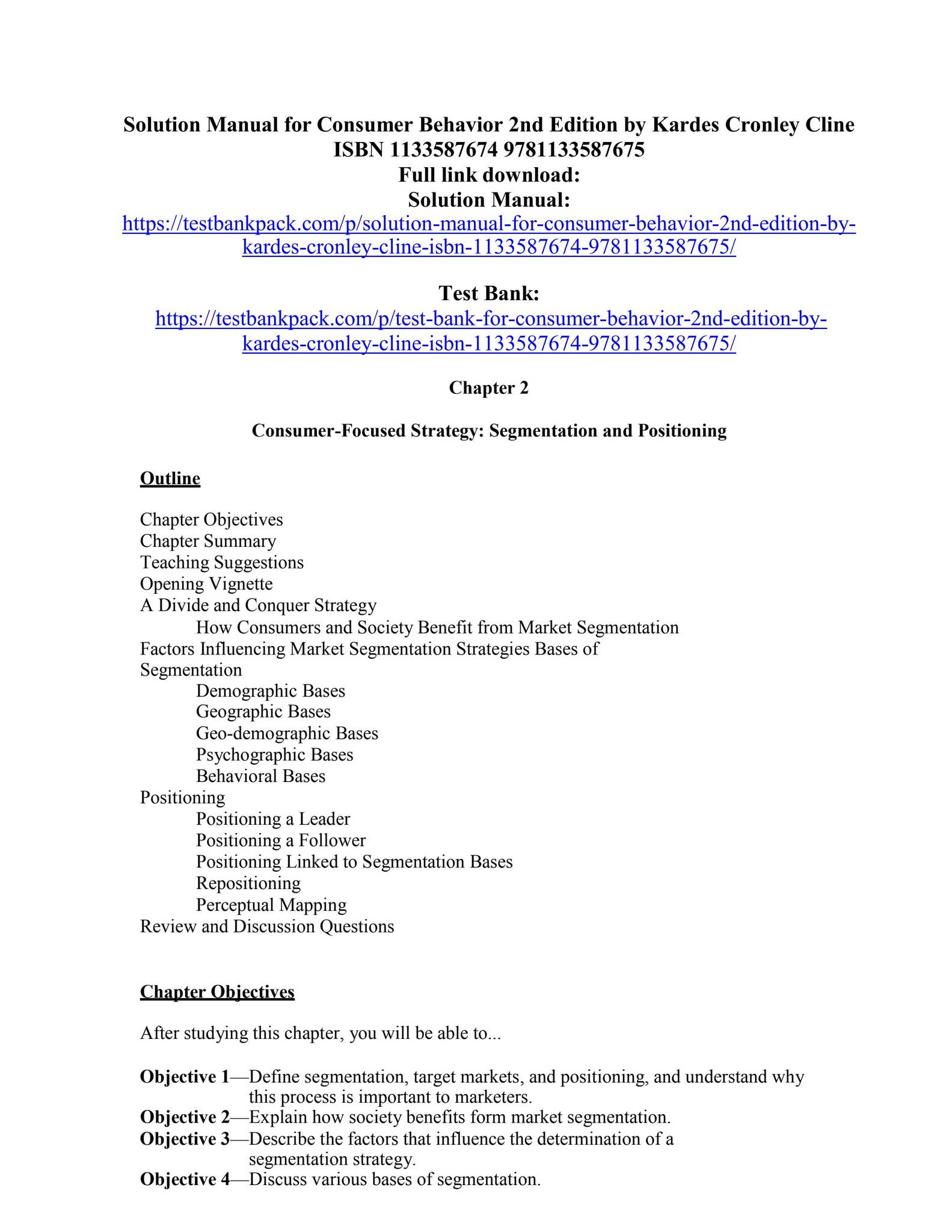 Solution manual for consumer behavior 2nd edition by kardes cronley ...